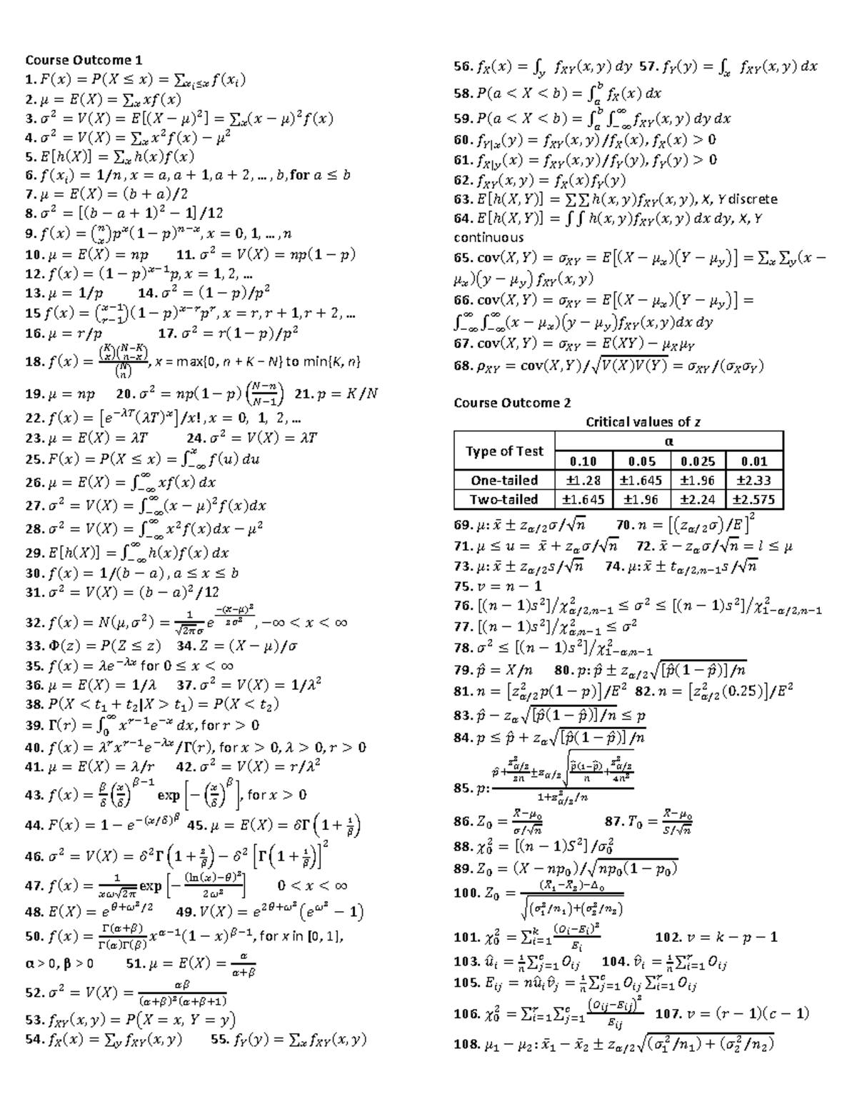 Formula - Course Outcome 1 1. 𝐹(𝑥) = 𝑃(𝑋 ≤ 𝑥) = ∑ 𝑥𝑖≤𝑥𝑓(𝑥𝑖) 2. 𝜇 = 𝐸(𝑋 ...