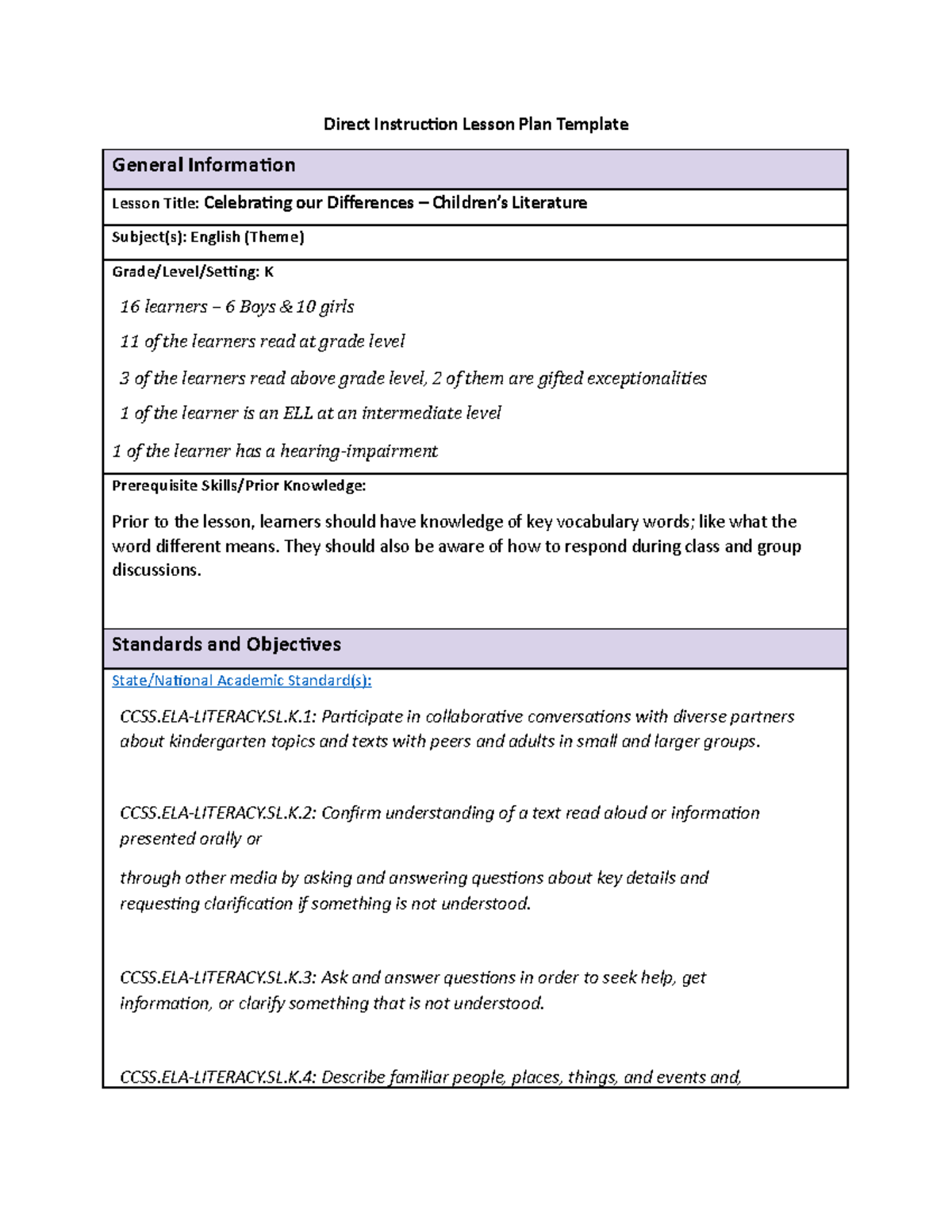 Direct Instruction Lesson Plan Childrens Lit - Direct Instruction ...