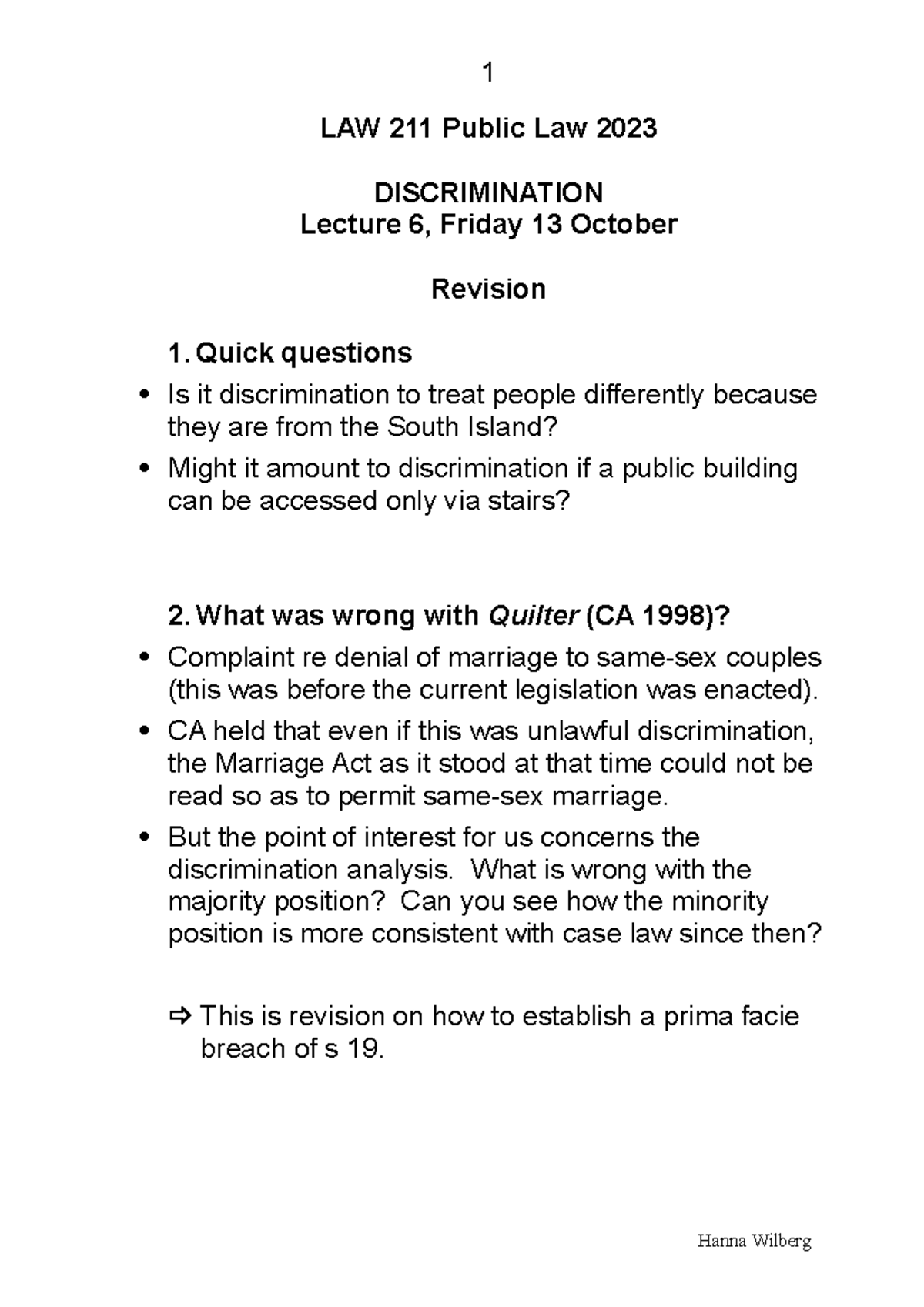 Discrimination L6 - 13 Oct - 1 LAW 211 Public Law 2023 DISCRIMINATION Lecture 6, Friday 13 ...