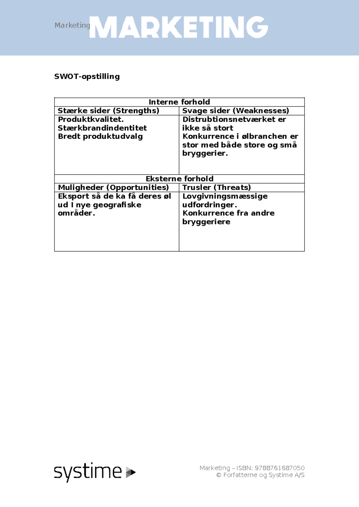 SWOT-opstilling - meget god - Marketing SWOT-opstilling Interne forhold ...