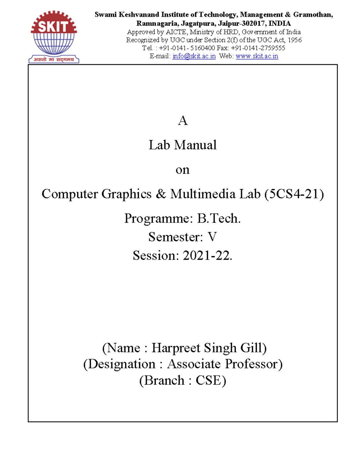 5CS4-21 CGM Lab Manual - Summary ba programme - Swami Keshvanand Institute of Technology ...