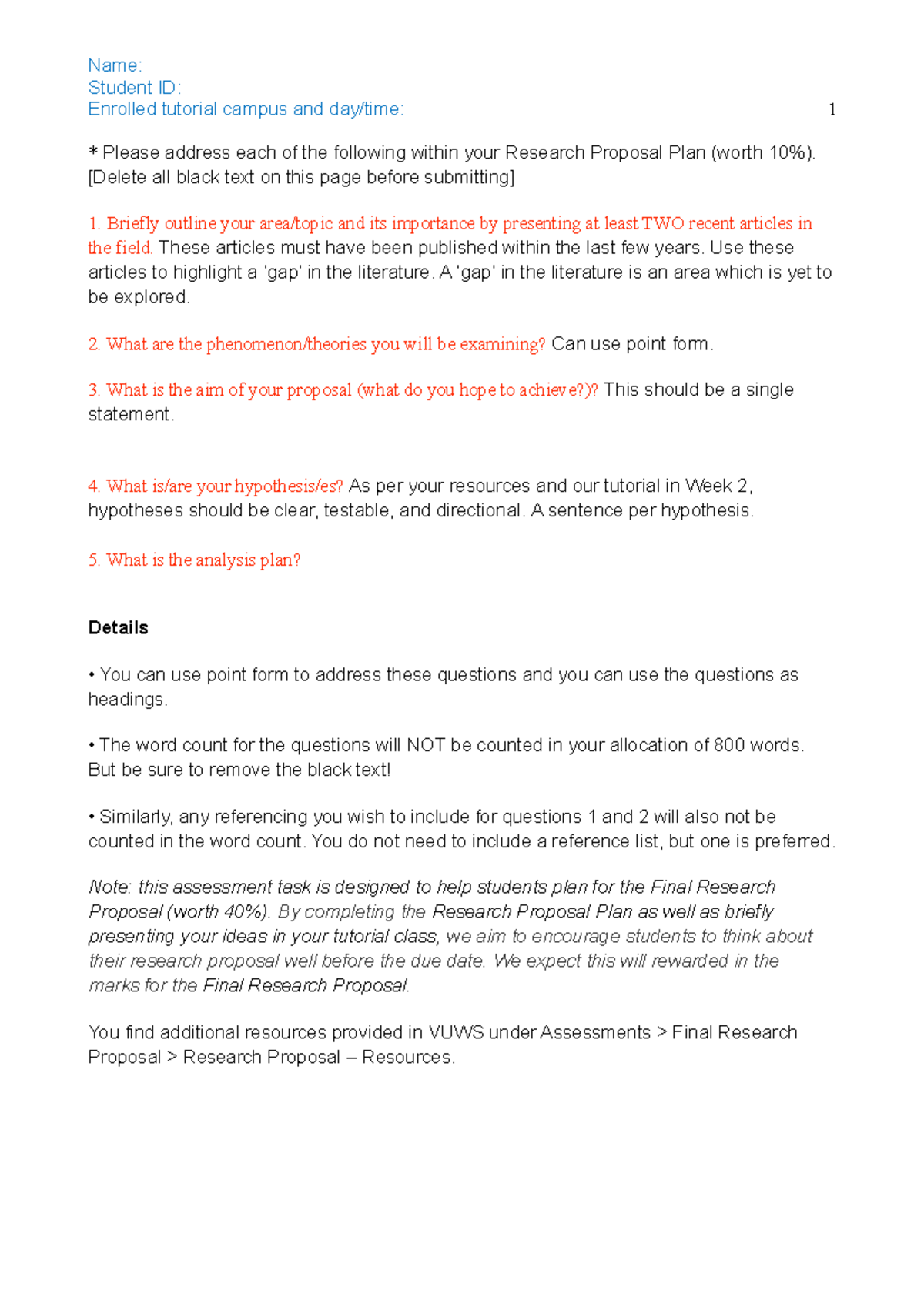Research Proposal Plan Template 2021 - Name: Student ID: Enrolled ...