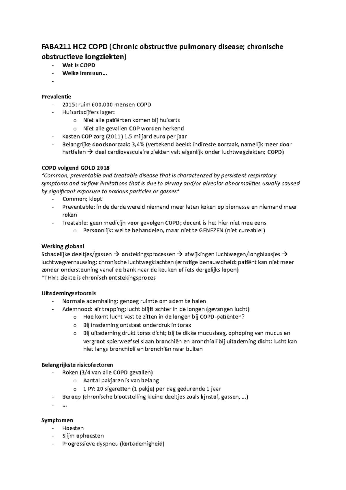 FABA211 HC2 COPD Aantekeningen - FABA211 HC2 COPD (Chronic obstructive ...