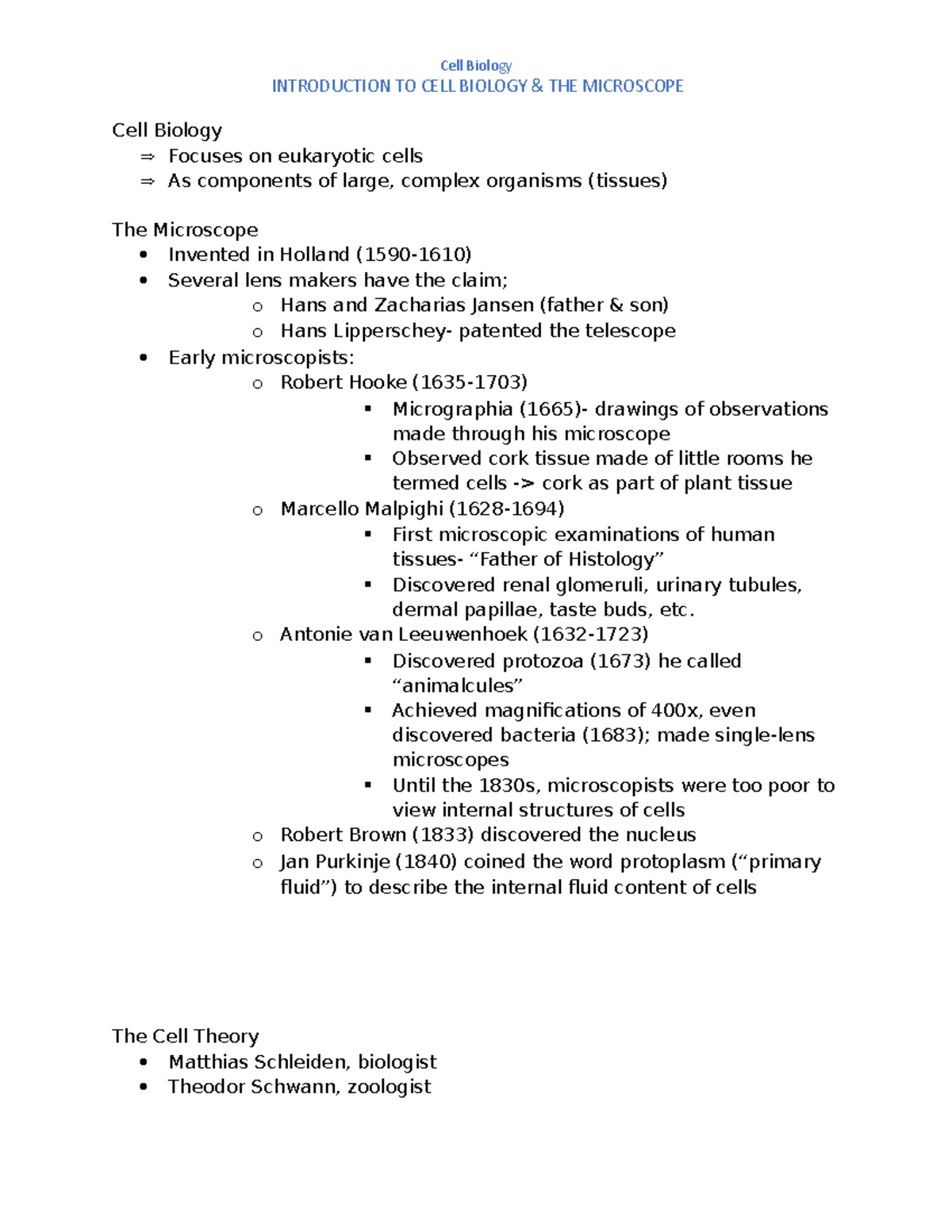 The Microscope - Lecture notes - Cell Biology INTRODUCTION TO CELL ...