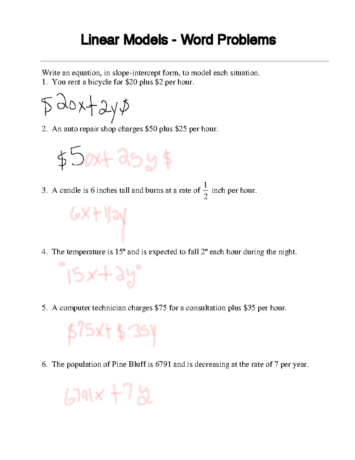 U3l3 word problems 2 - Work/assignment - Algebra IA Unit 5 Worksheet 4 ...