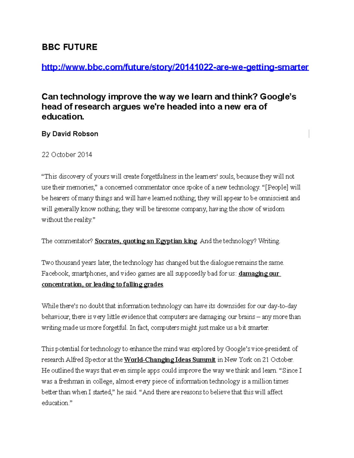 BBC Future- computers and learning - BBC FUTURE bbc/future/story/20141022-are-we-getting-smarter ...