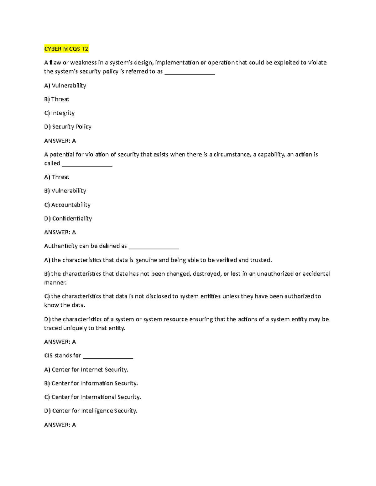 Cyber MCQS T2 - Multiple choice questions for revision - CYBER MCQS T A ...