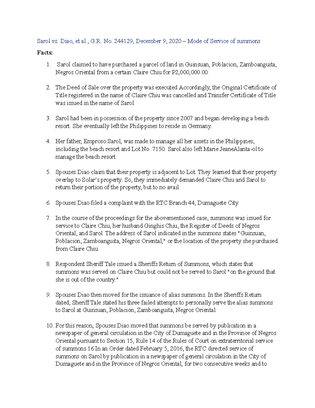 11 Sarol vs Diao Version 1 - Sarol vs. Diao, et al., G. No. 244129 ...