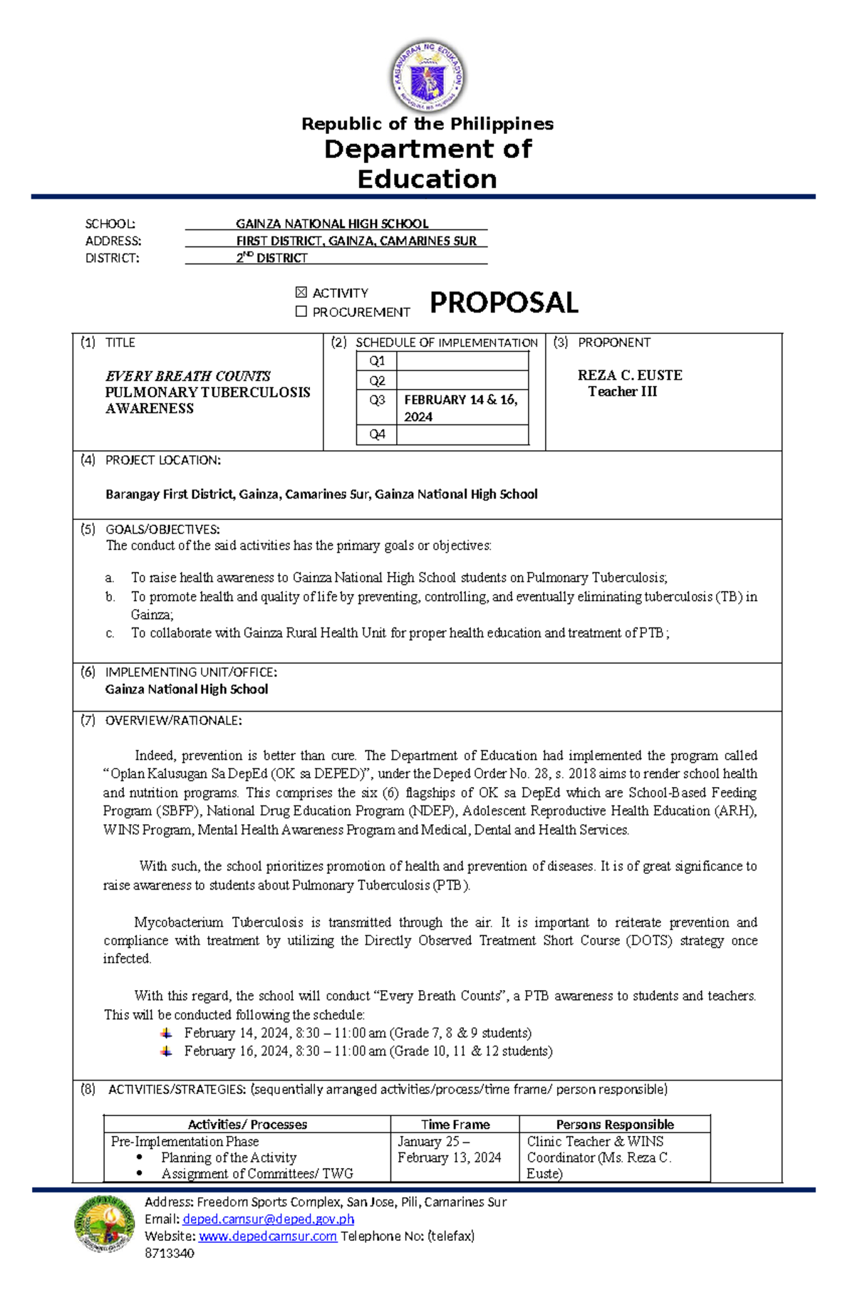 project proposal - Address: Freedom Sports Complex, San Jose, Pili ...