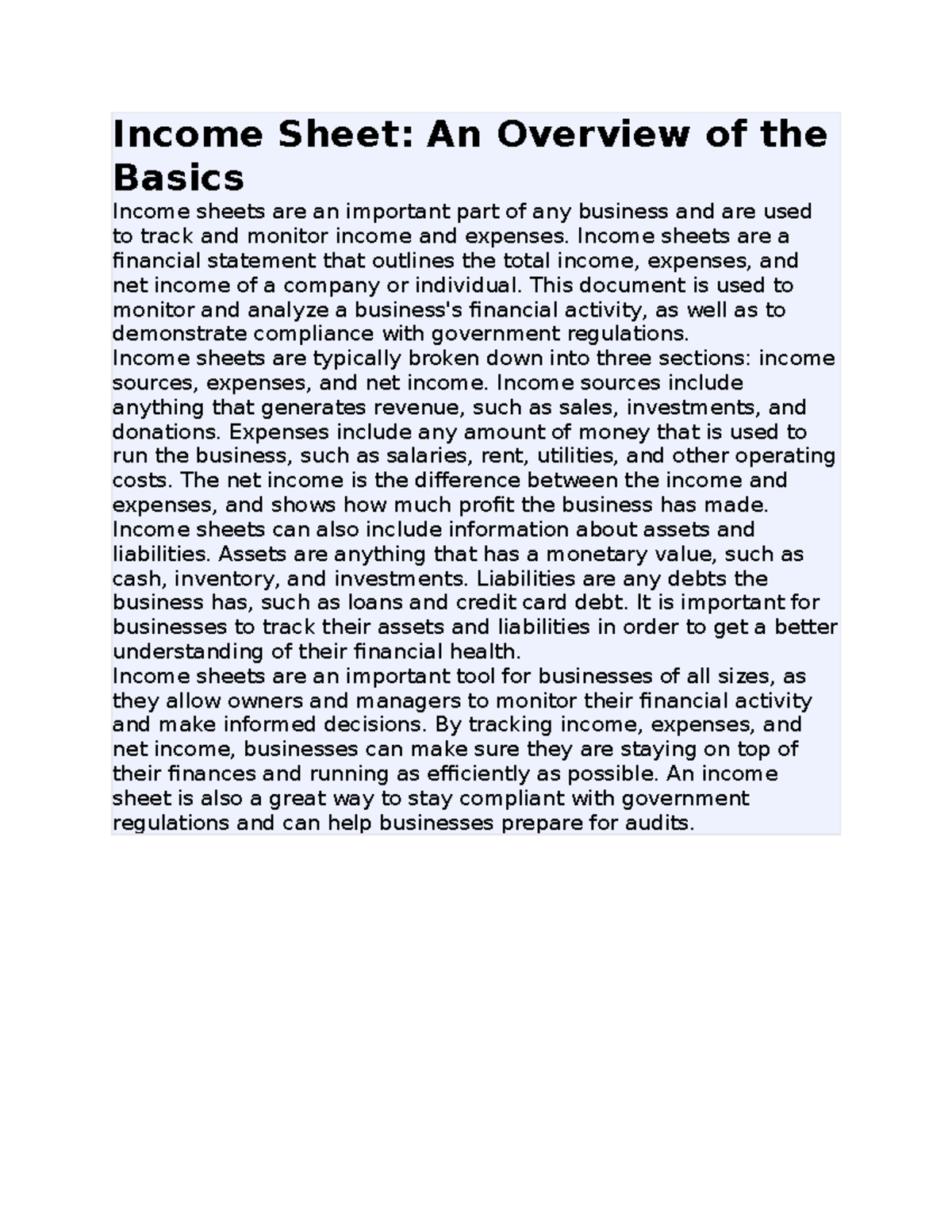 Income Sheet - Income sheets are a financial statement that outlines ...