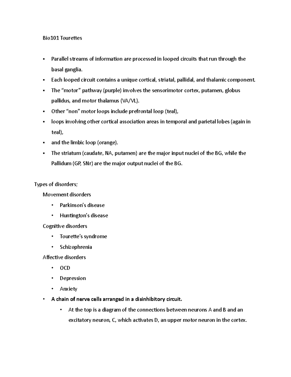 Bio101 Tourettes - § Each looped circuit contains a unique cortical ...