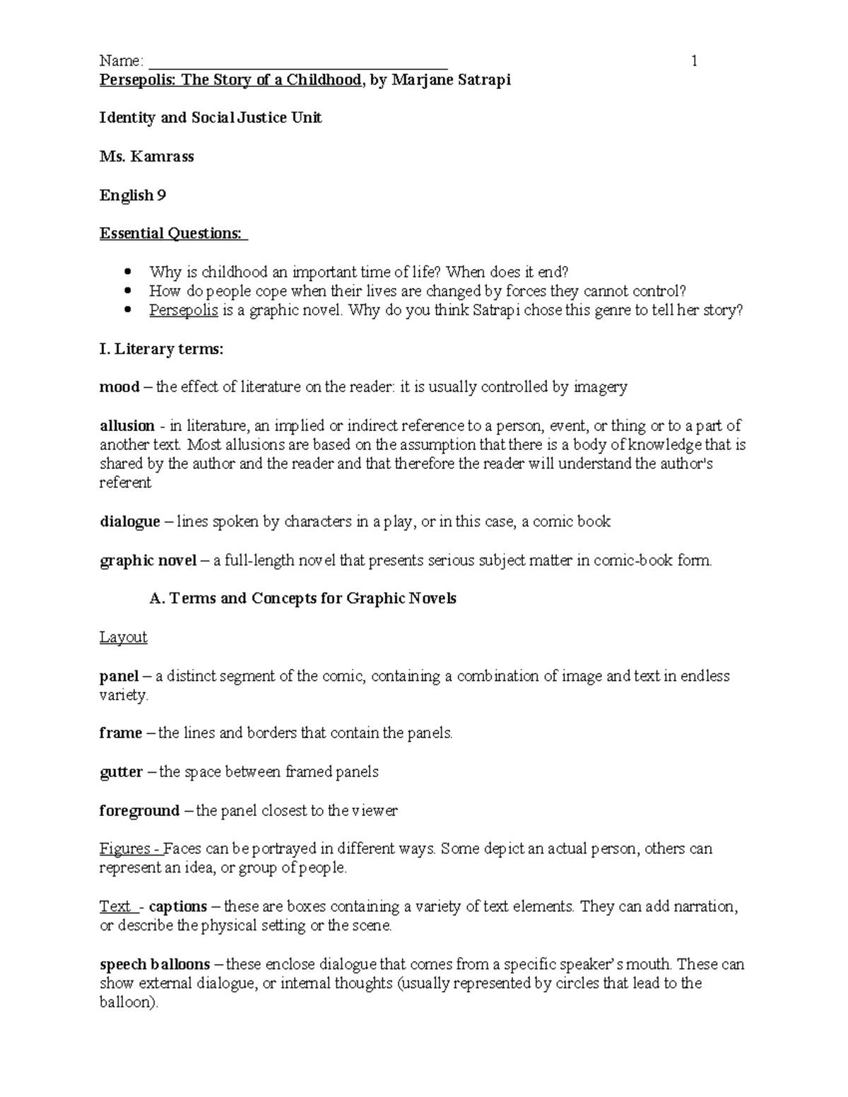 TC EK study guide - Persepolis: The Story of a Childhood, by Marjane ...