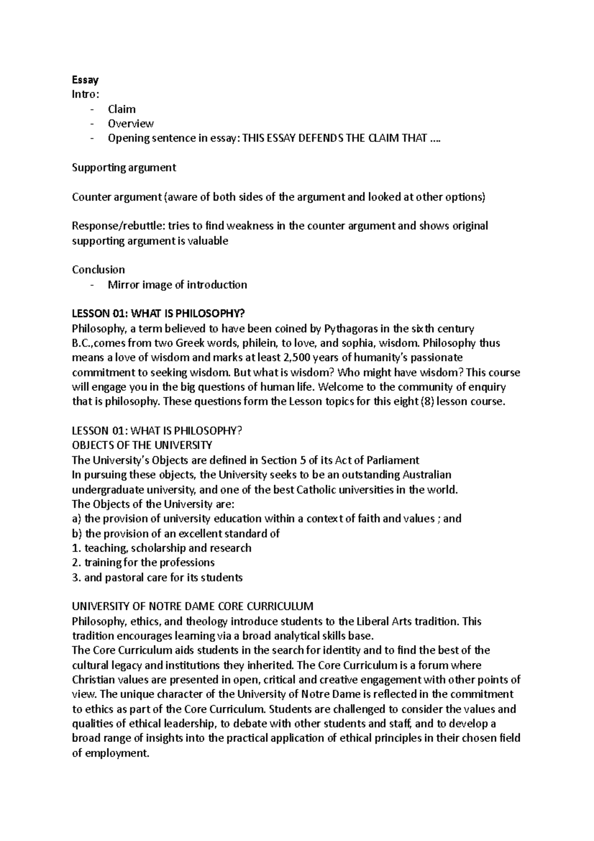 Philosophy Notes - Essay Intro: - Claim - Overview - Opening sentence ...