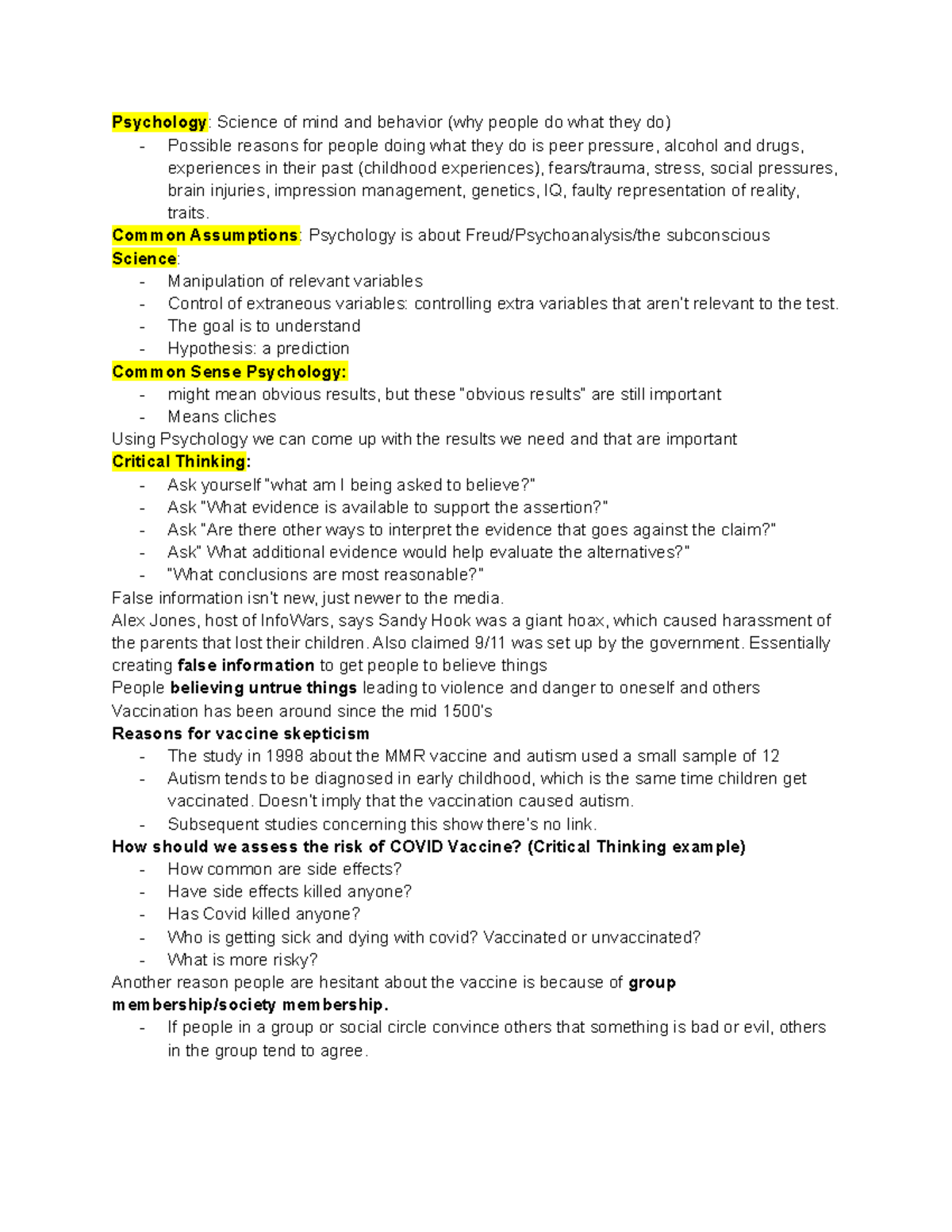 Introduction to Psychology Lecture Notes - Psychology : Science of mind ...