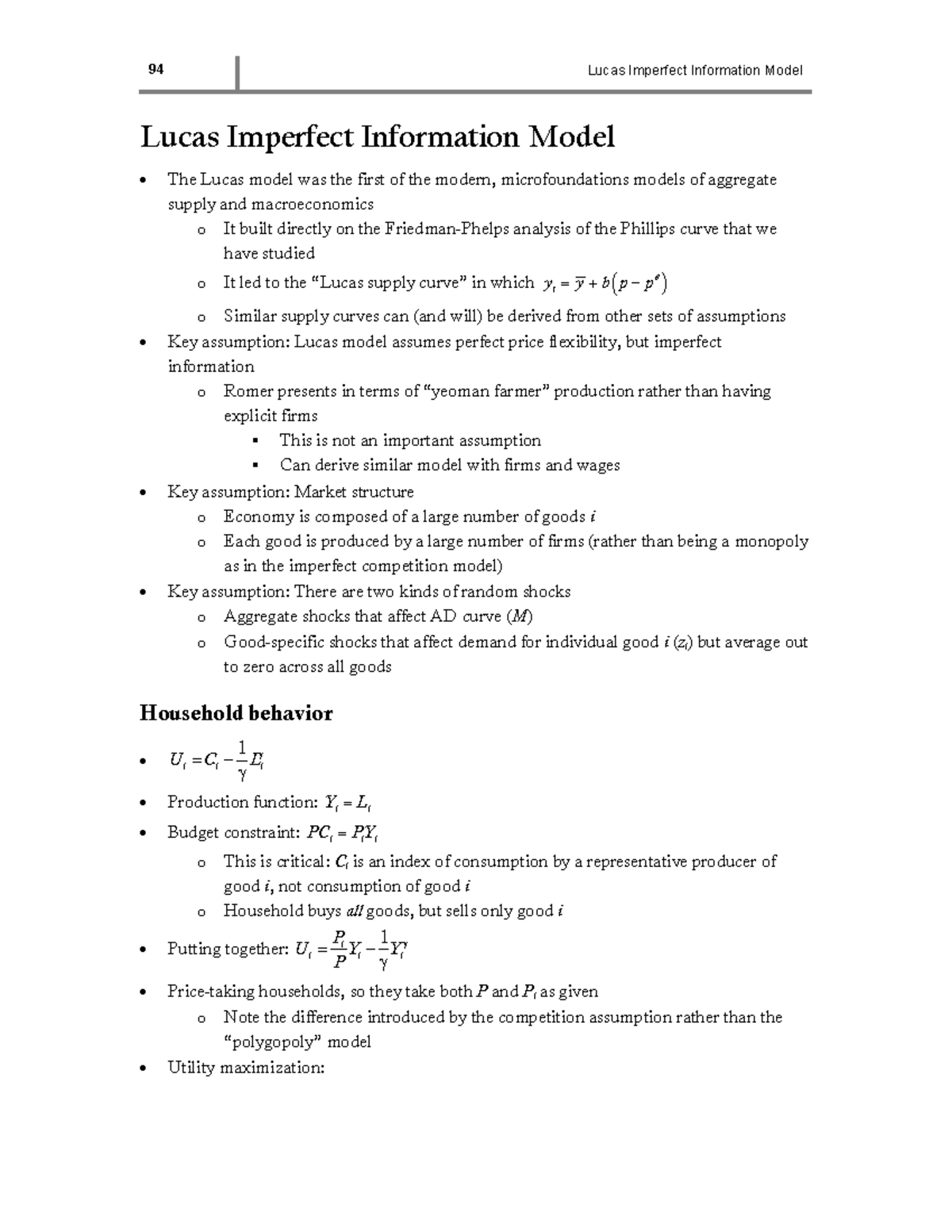 Lucas - economic growth and economic development theory - Lucas Imperfect Information Model The ...
