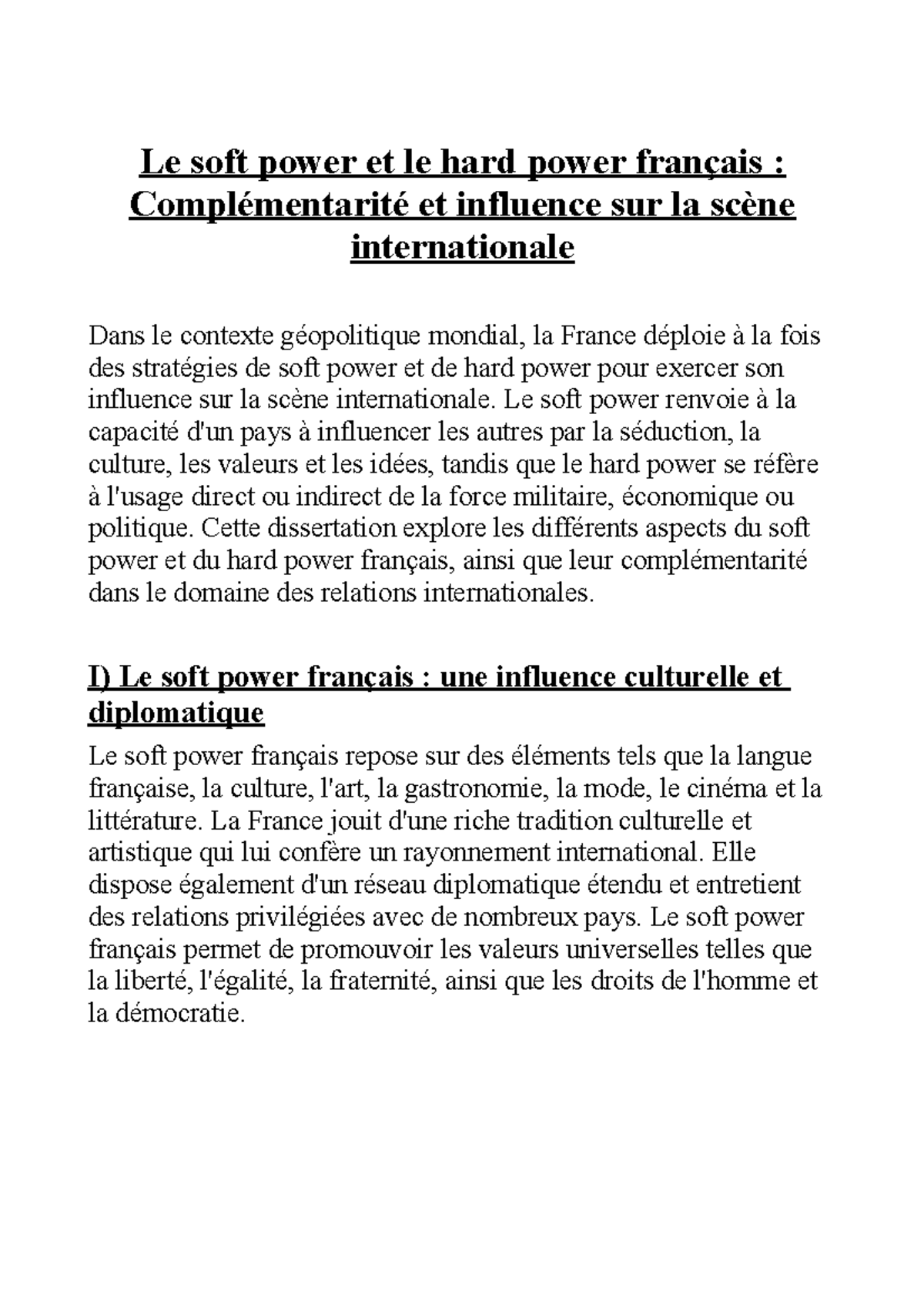 Le soft power et la Hard power français entre complémentarité et ...