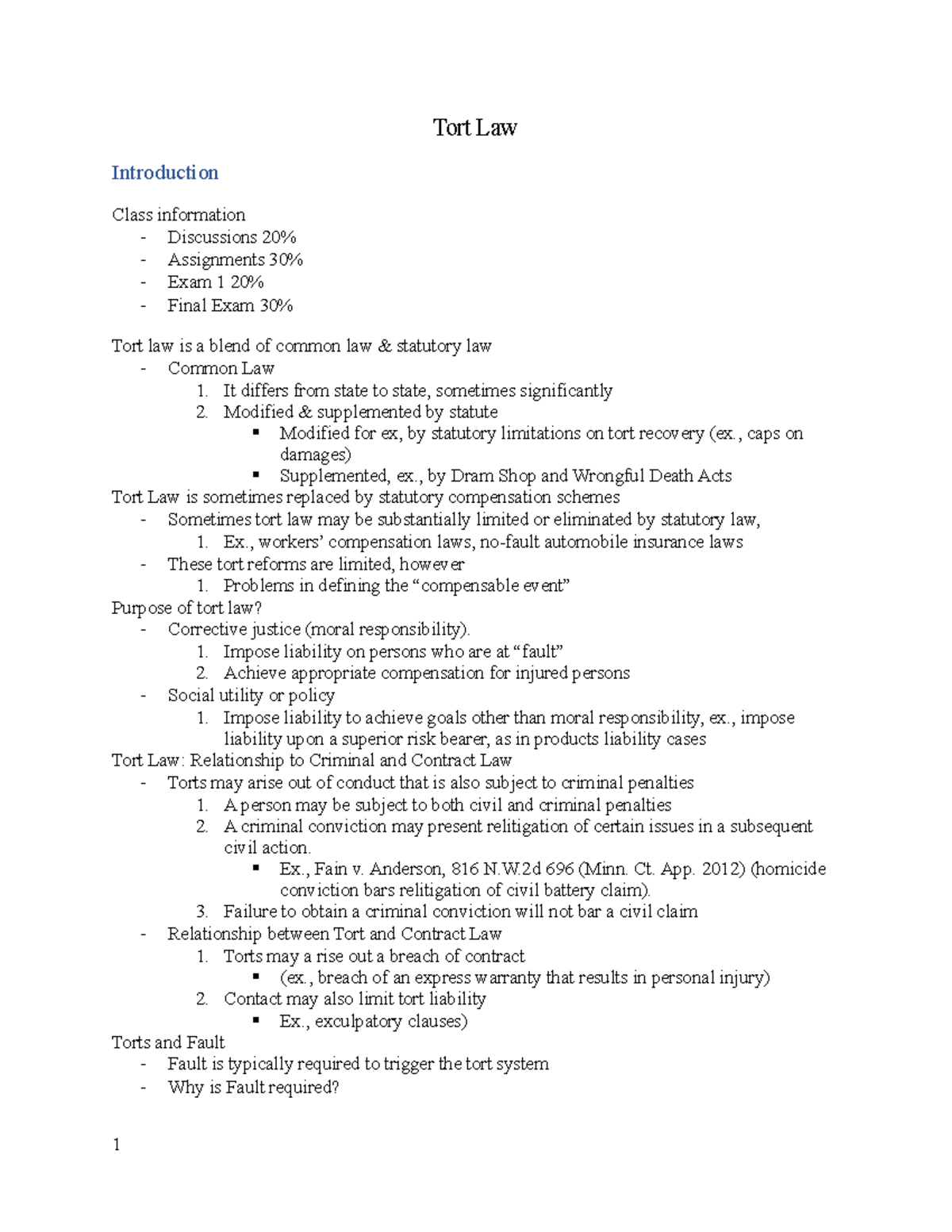 Tort Law Notes - Tort Law Introduction Class information - Discussions ...
