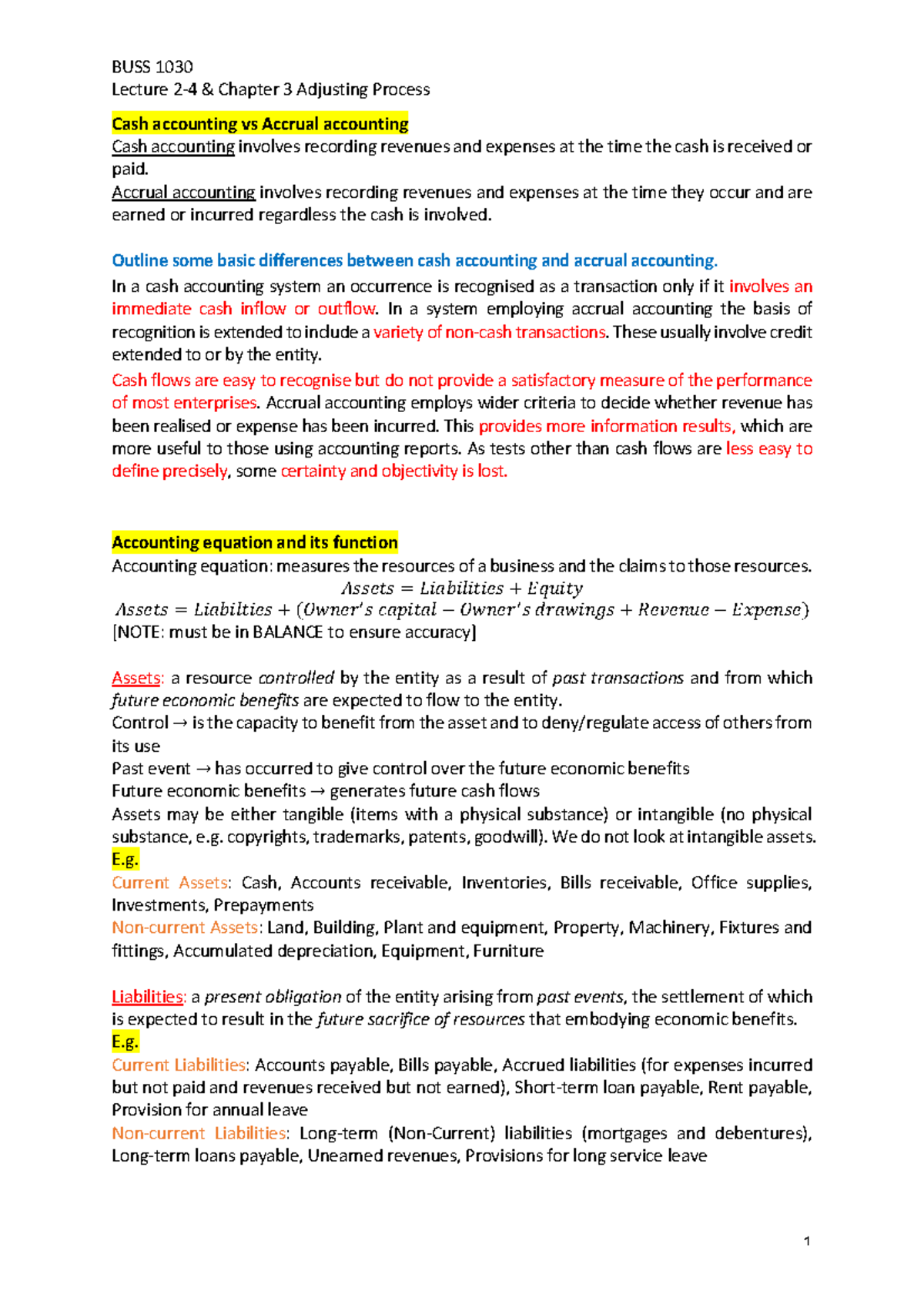 buss1030 note week234 - Lecture 2 - 4 & Chapter 3 Adjusting Process ...