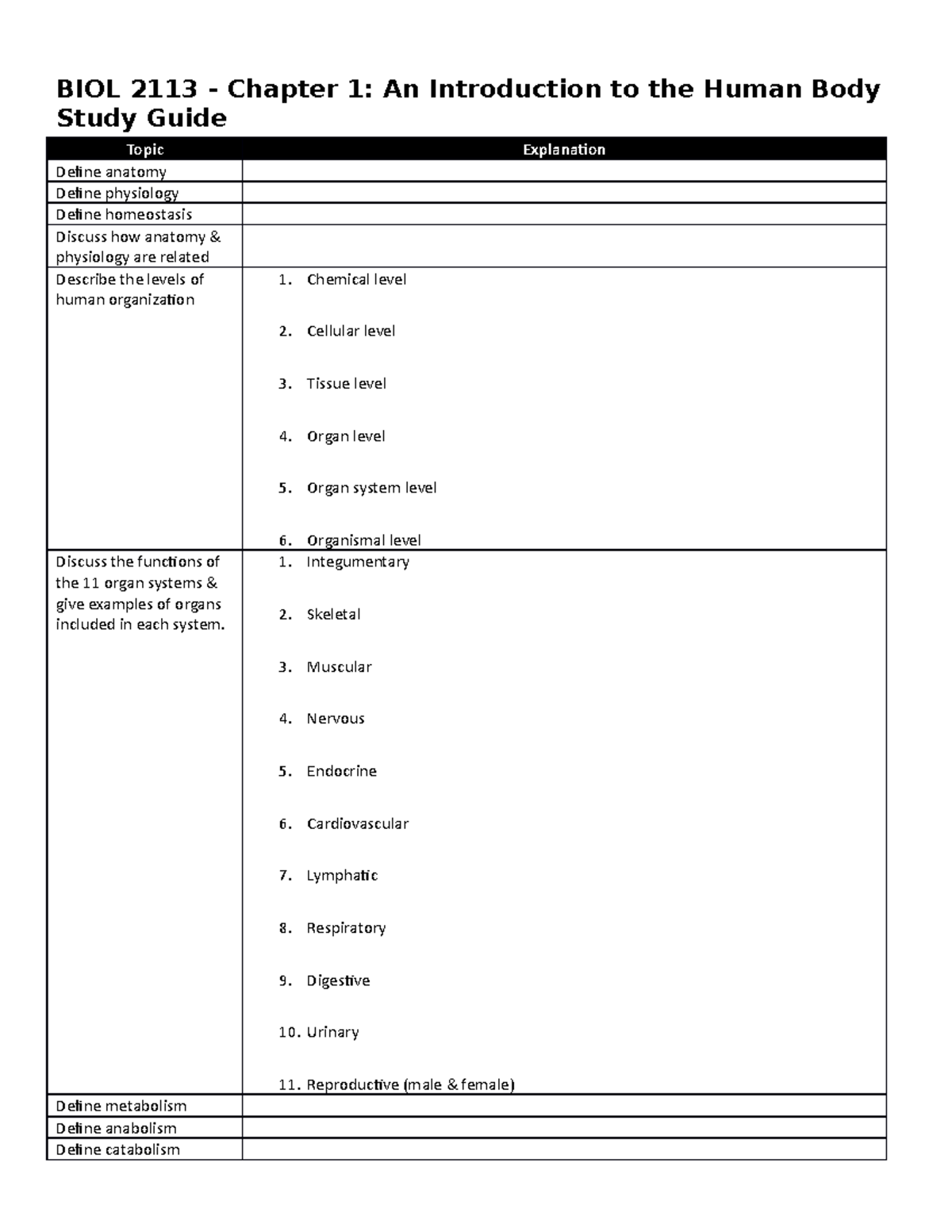 Ch 1 study guide - BIOL 2113 - Chapter 1: An Introduction to the Human ...
