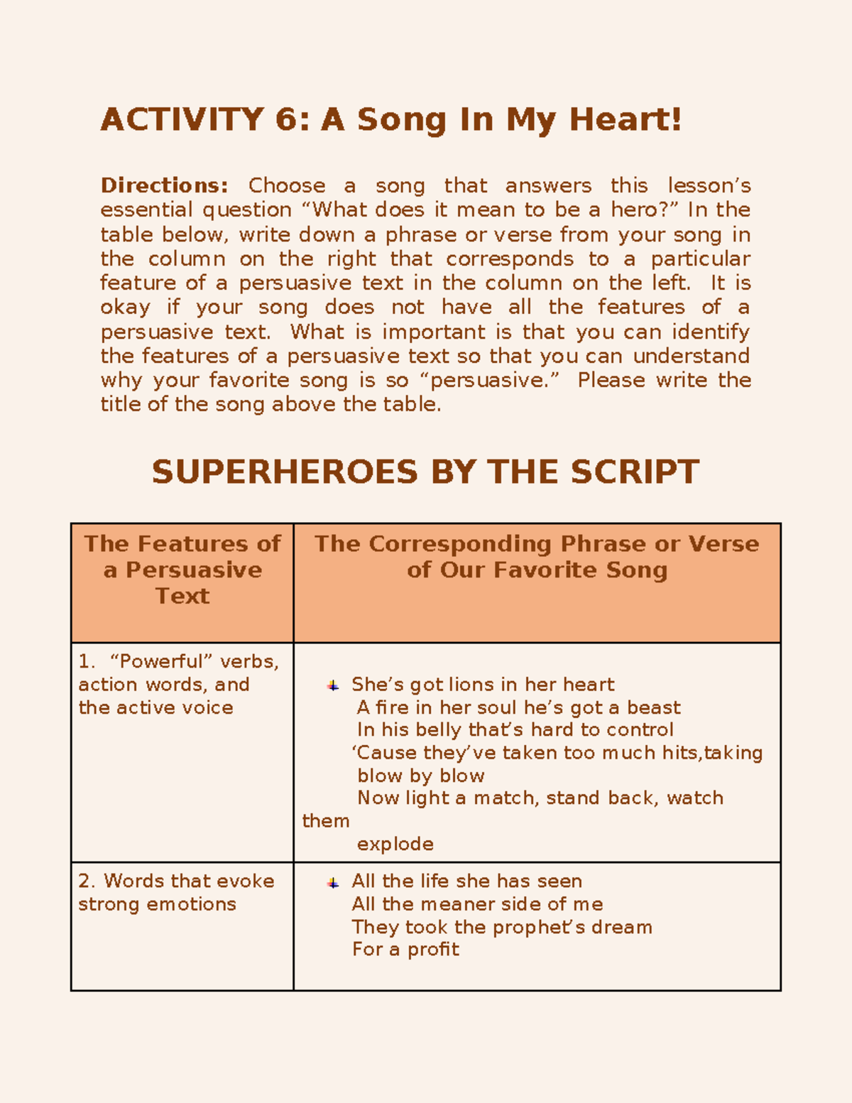 Activity 6 (E N G L I S H) - ACTIVITY 6: A Song In My Heart! Directions ...