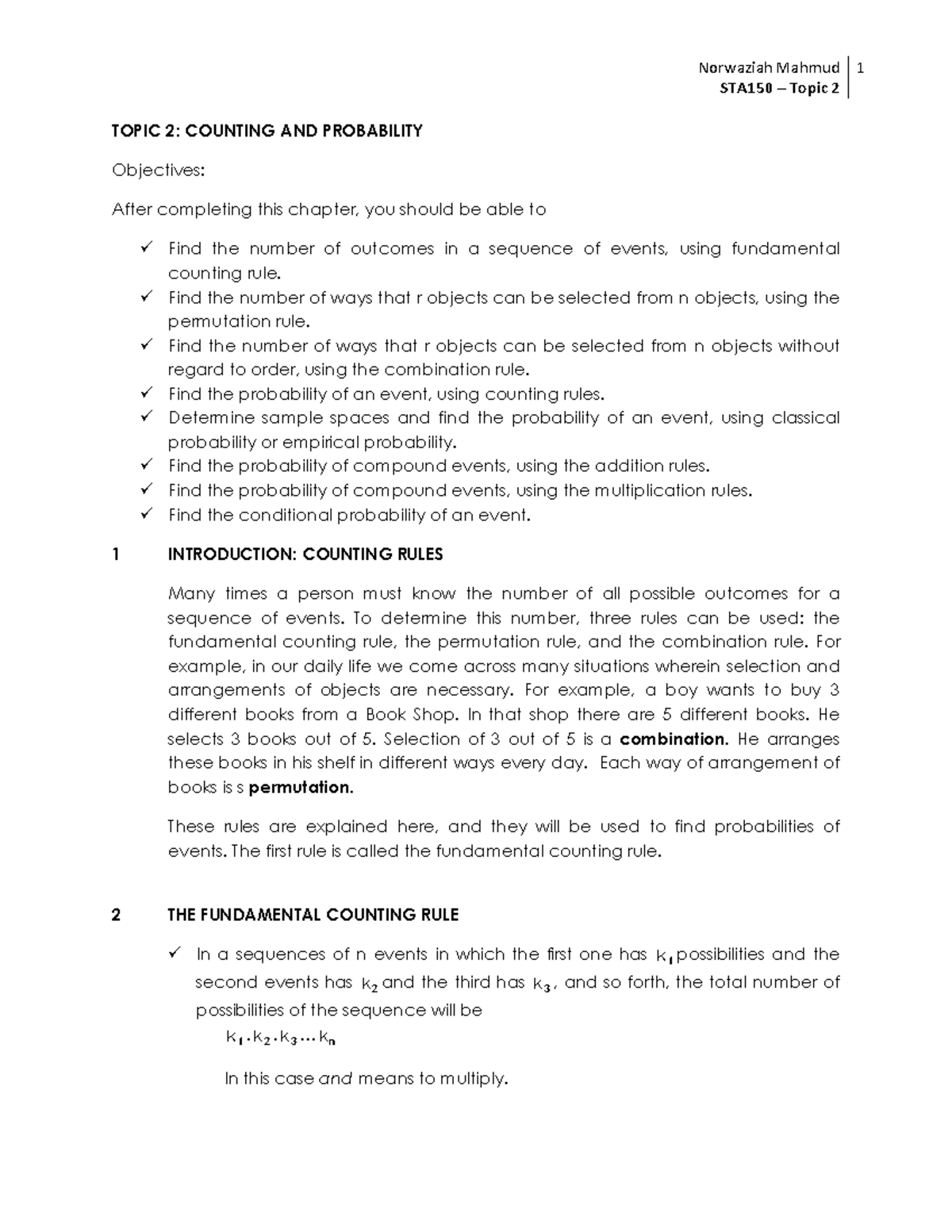 Topic 2 - Counting AND Probability - Statistics & Probability - UiTM ...