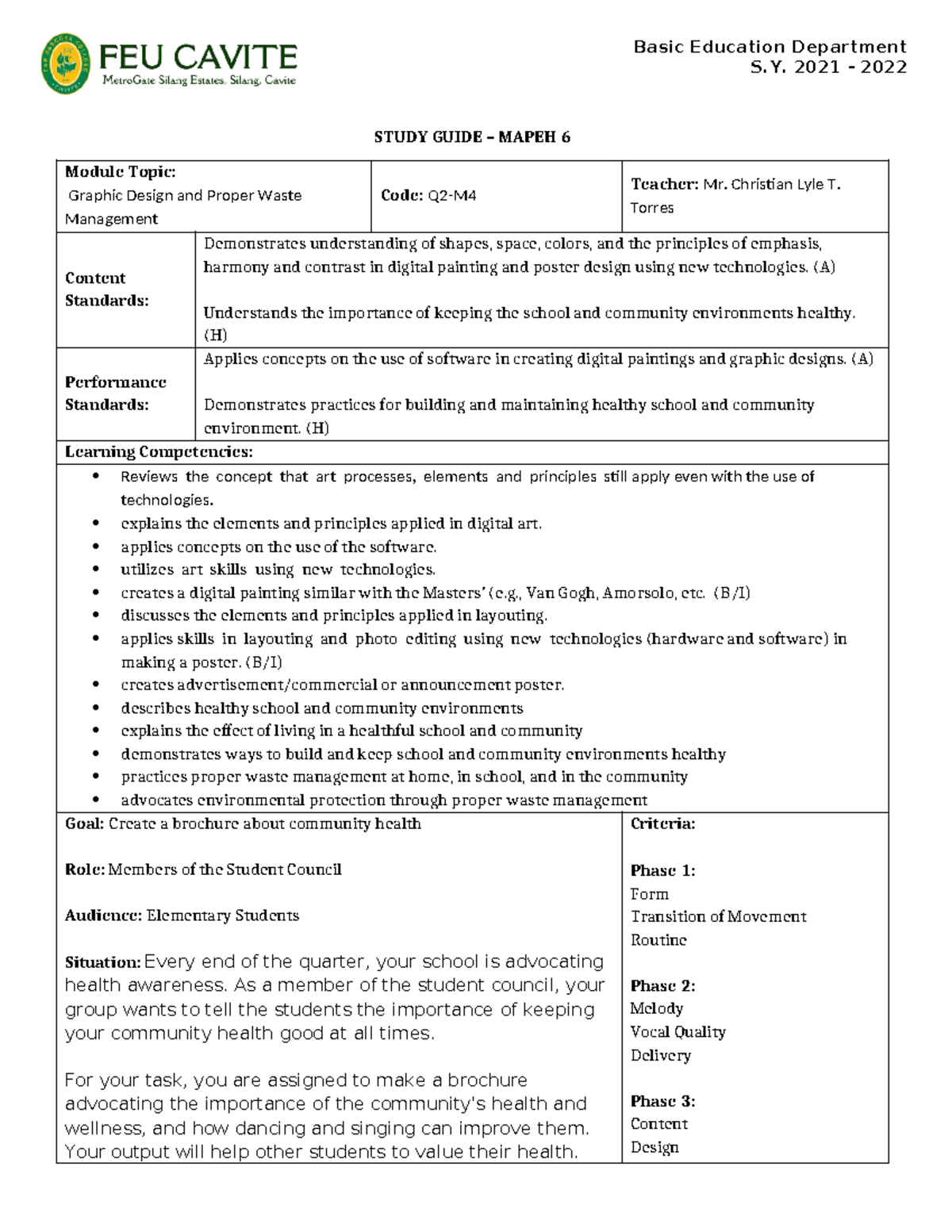 SG Mapeh 6 Q2Mod4 SY2122 - S. 2021 - 2022 STUDY GUIDE – MAPEH 6 Module ...