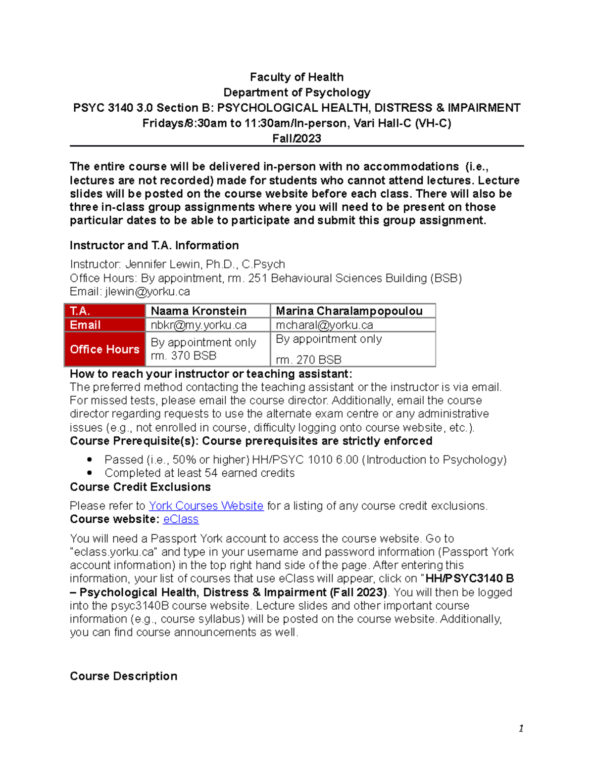 PSYC3140B CO Fall 2023 - syllabus - Faculty of Health Department of ...