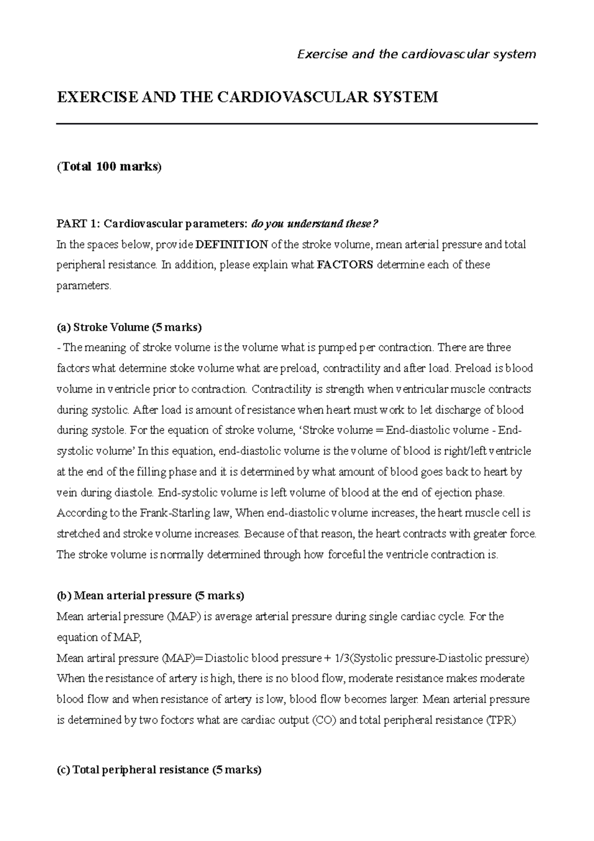 Exercise and Cardiovascular Worksheet - Exercise and the cardiovascular ...