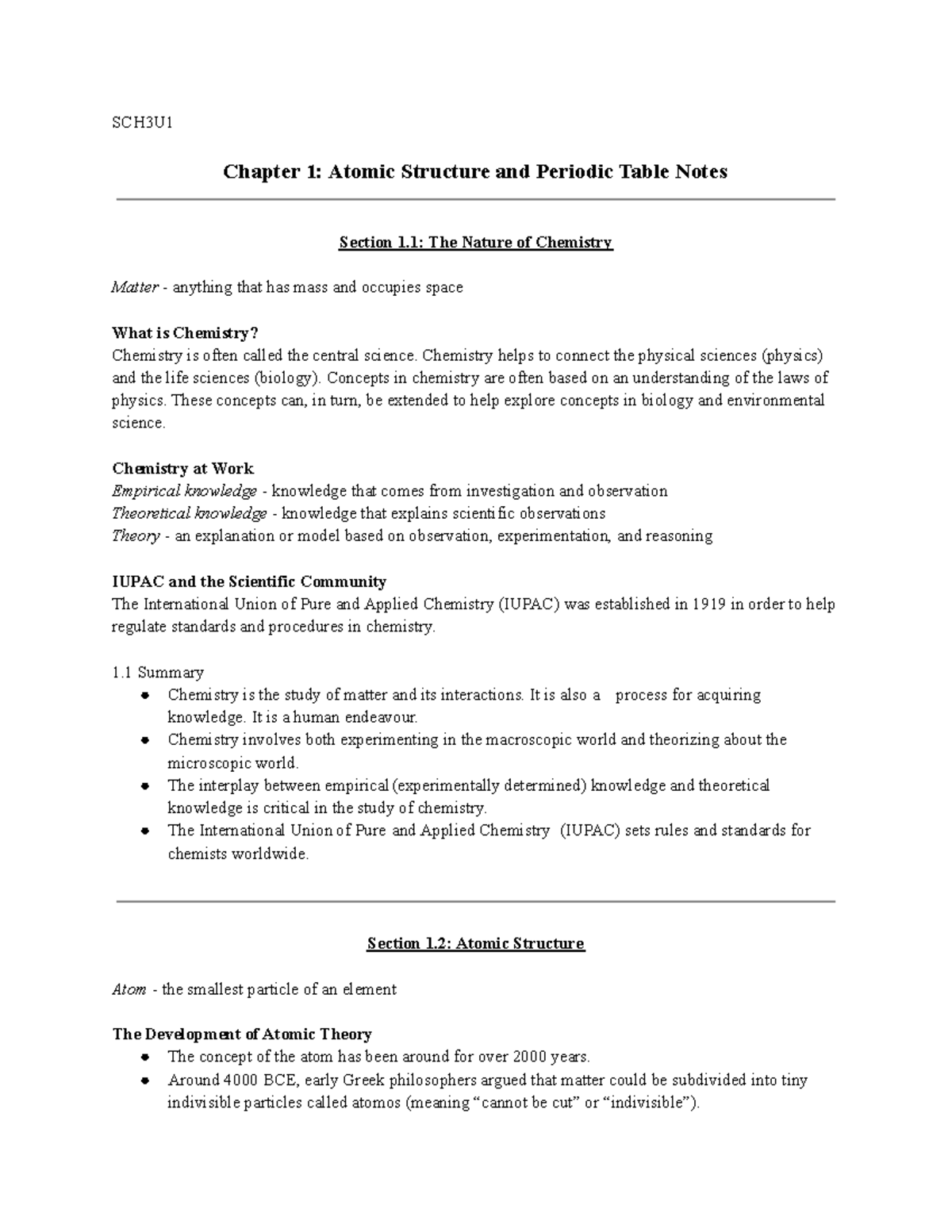 Chapter 1 Atomic Structure and Periodic Table Notes - SCH3U Chapter 1 ...