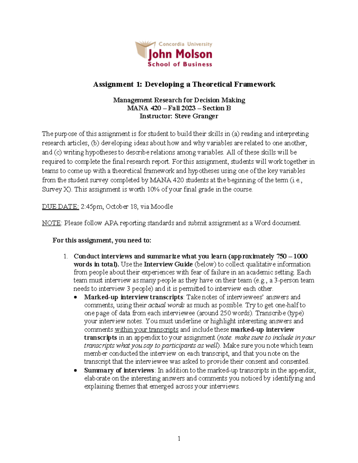 MANA 420 Assignment 1 Instructions - 1 Assignment 1: Developing a Theoretical Framework ...