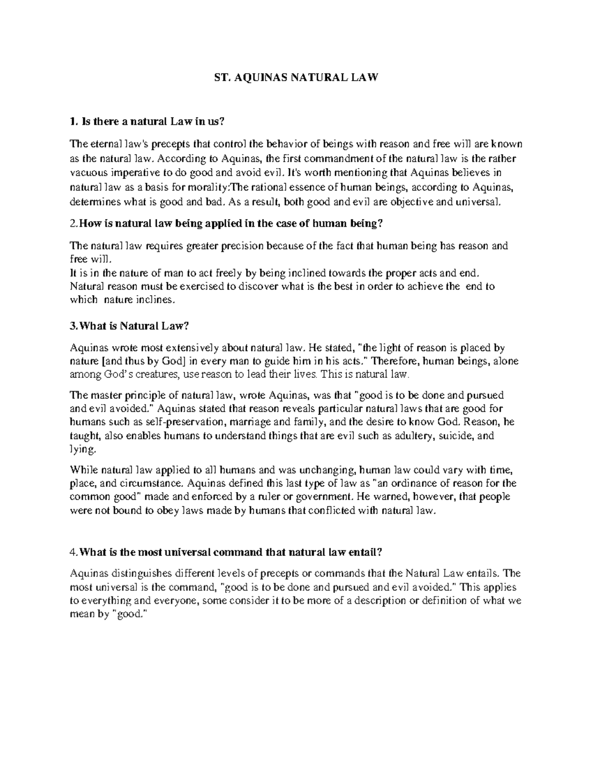 St. Aquinas Natural Law - ST. AQUINAS NATURAL LAW Is there a natural ...