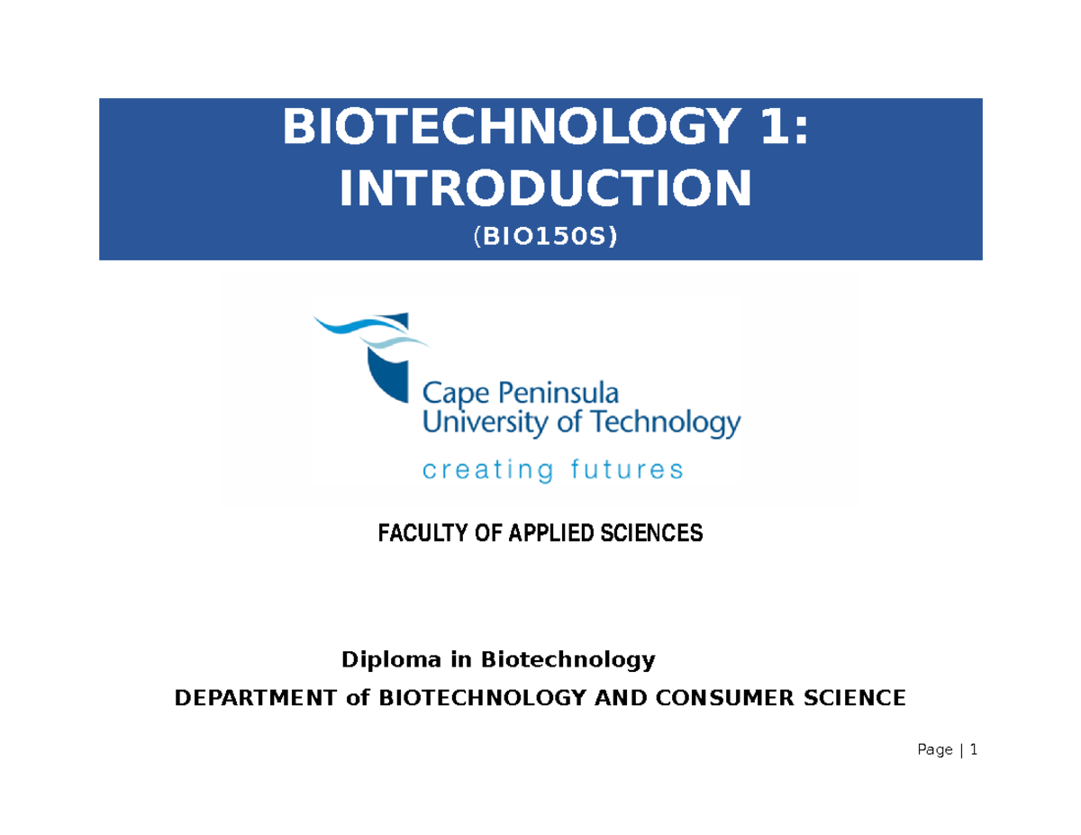 2021 Biotechnology 1 Introduction - BIO150S - Subject Outline - LReddy ...