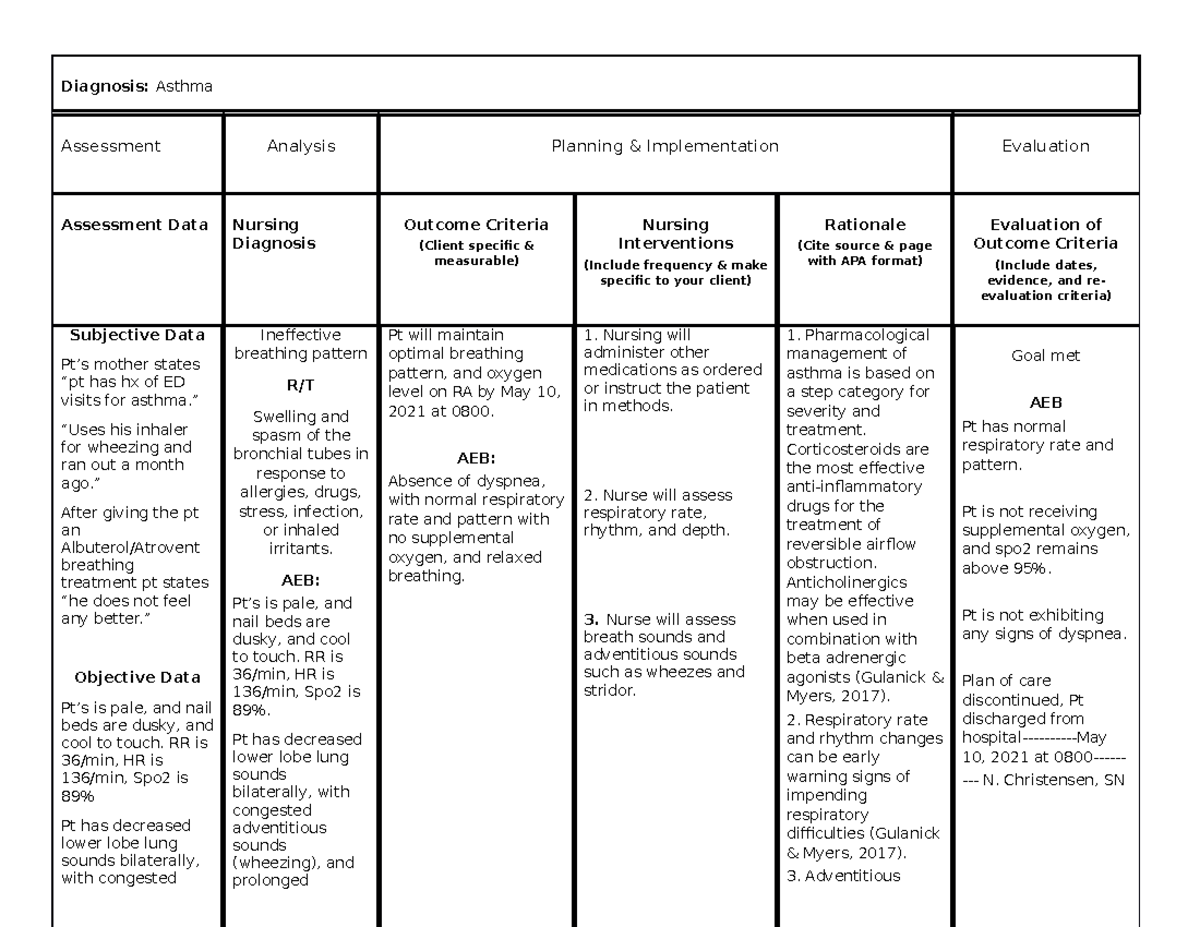 Week 6 Care Plans - Assessment Analysis Planning & Implementation ...
