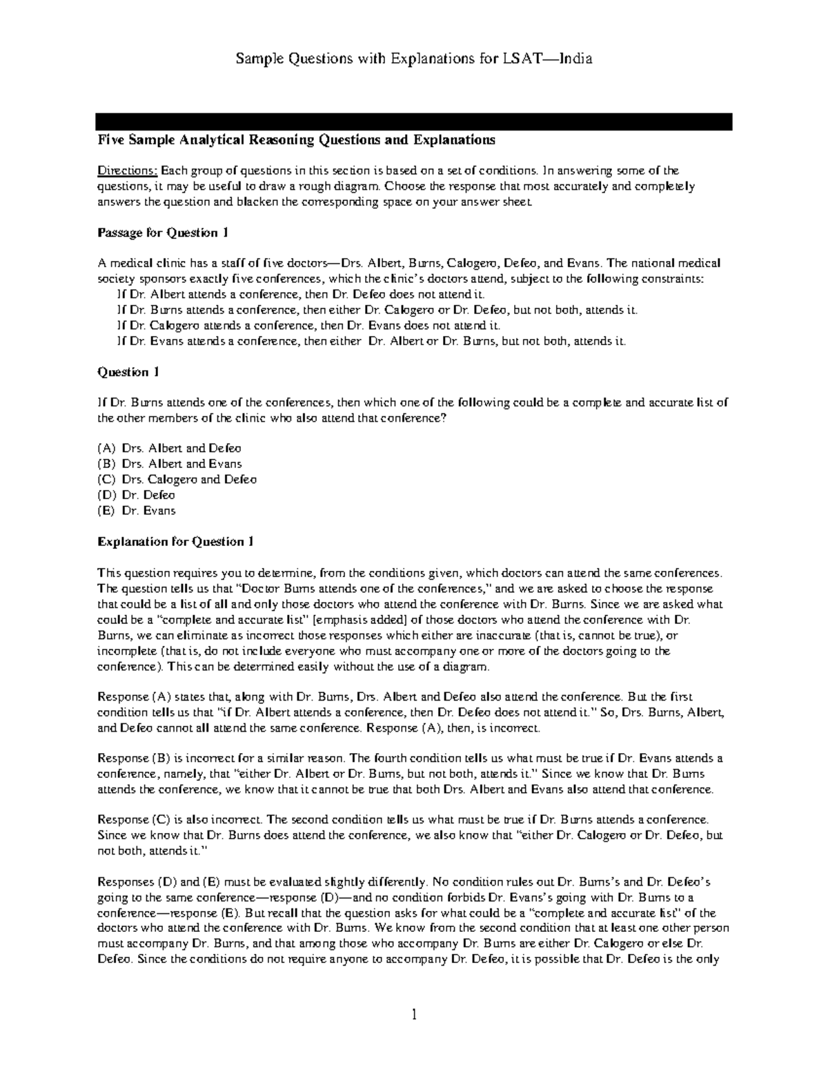 LSAT sample paper - Five Sample Analytical Reasoning Questions and ...