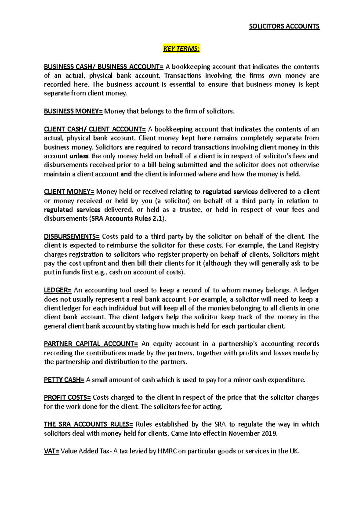 Solicitors accounts revision notes - KEY TERMS: BUSINESS CASH/ BUSINESS ...