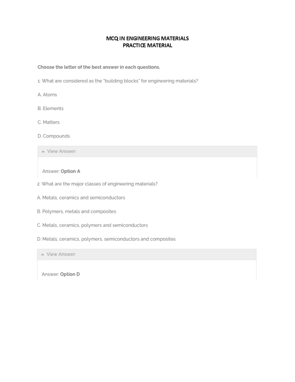 MCQ IN Engineering Materials - Materials Engineering - TIP - Studocu