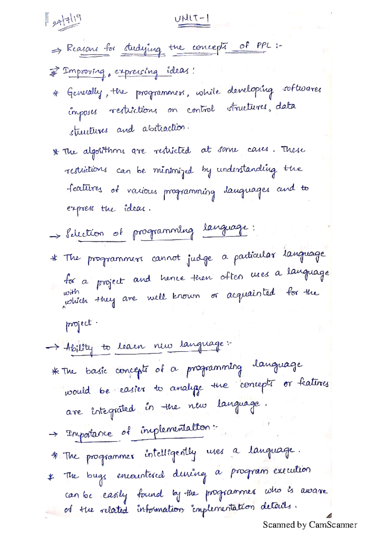 Ppl unit 1 - hand written notes - UNIT I Reasons for studying the ...