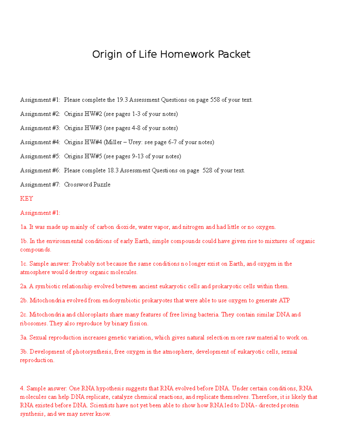Origin of Life Homework Packet Key MG - Origin of Life Homework Packet ...