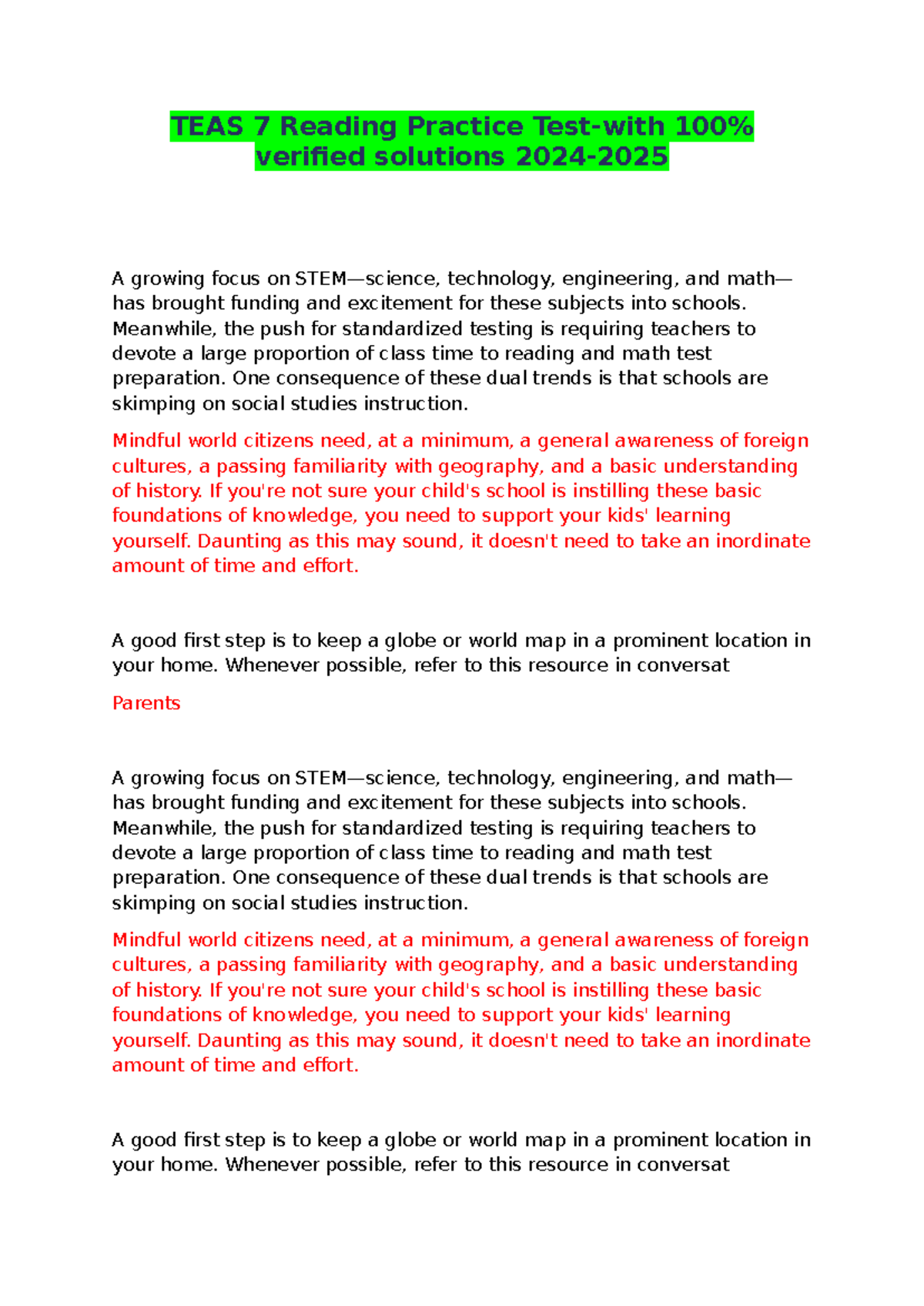 TEAS 7 Reading Practice Test-with 100% verified solutions 2024-2025 ...