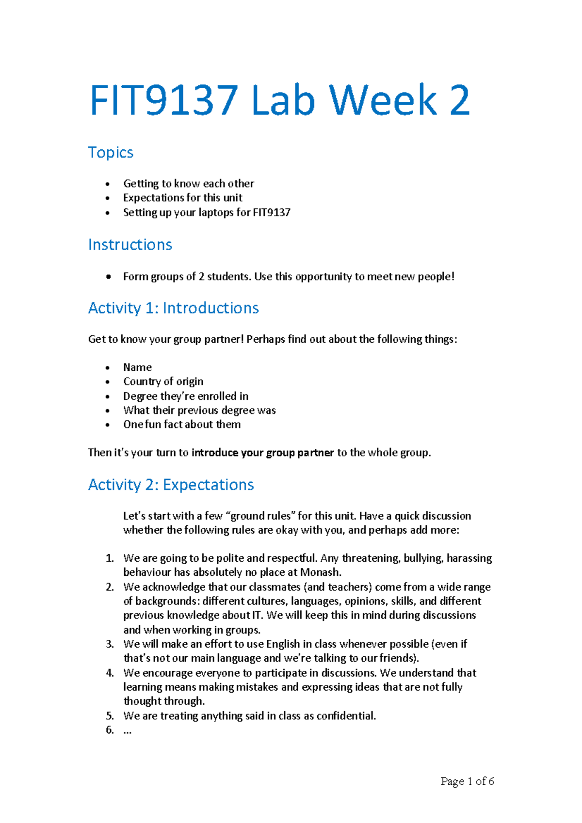 FIT9137 Lab Week 2 - BFC5925 Tutorials - FIT2069 - Monash - StuDocu