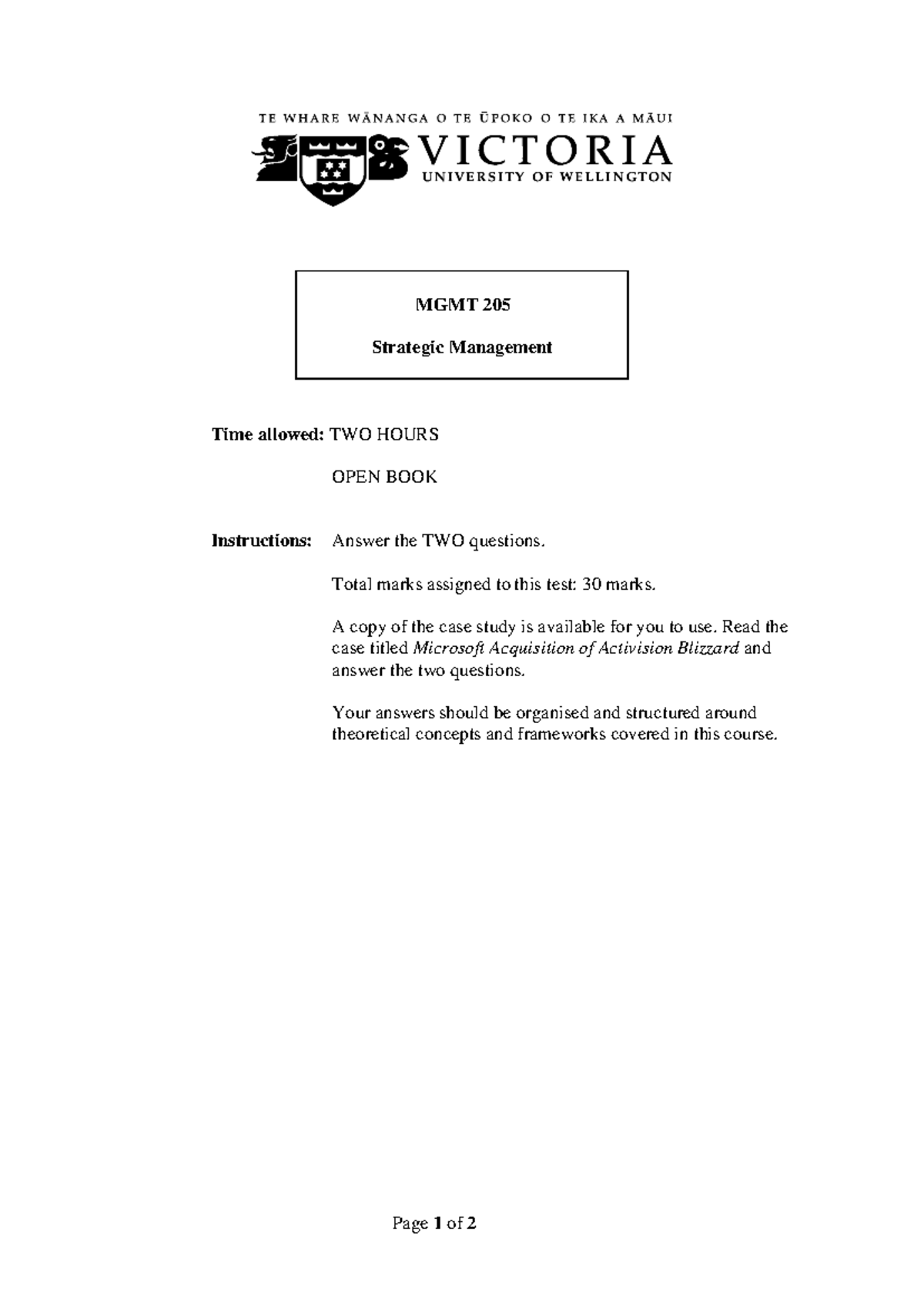 MGMT205 T1 2022 Test questions - Page 1 of 2 MGMT 205 Strategic ...