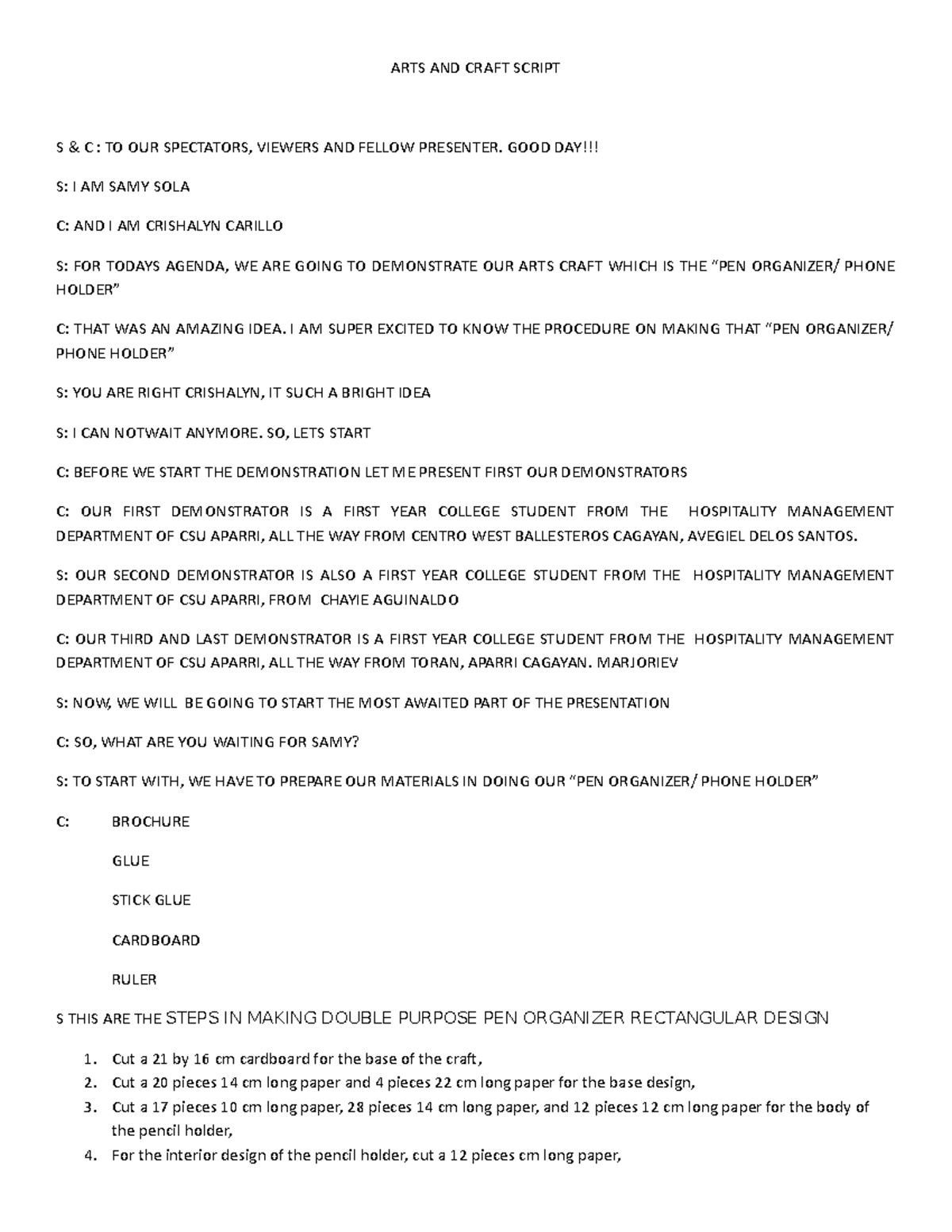 ARTS Craft Script - HOSPITALITY INDUSTRY - ARTS AND CRAFT SCRIPT S & C ...