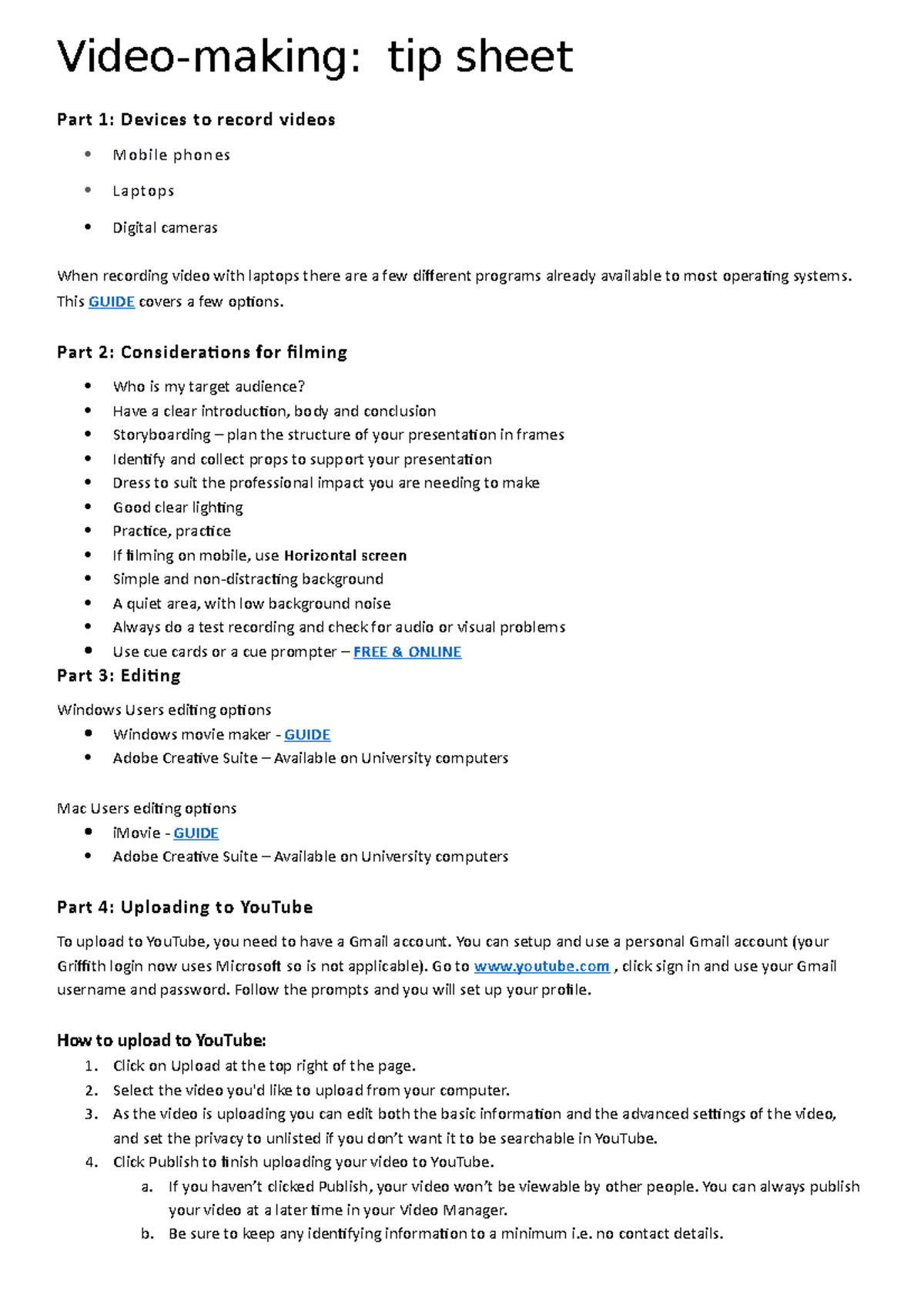 Video making tip sheet - Video-making: tip sheet Part 1: Devices to ...