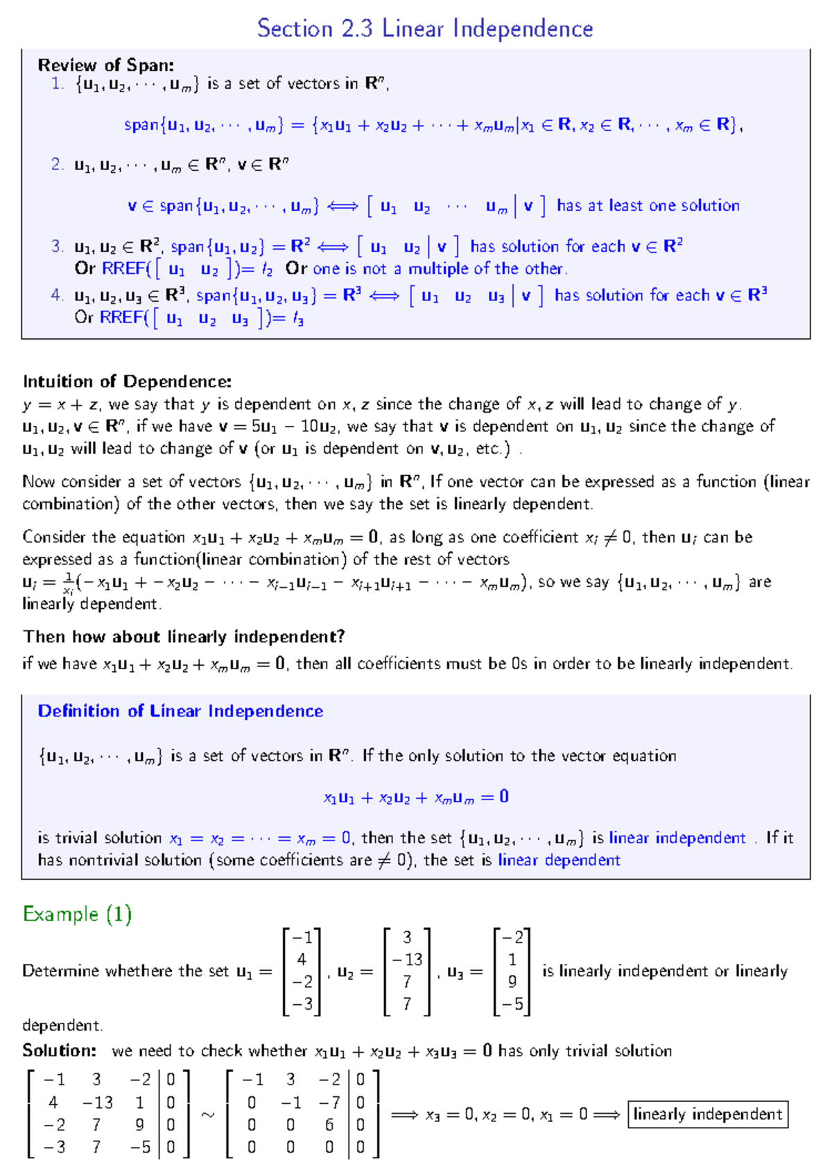 Section 2-3-Linear Independence - Section 2 Linear Independence Review of Span: 1. {u 1 , u 2 ...