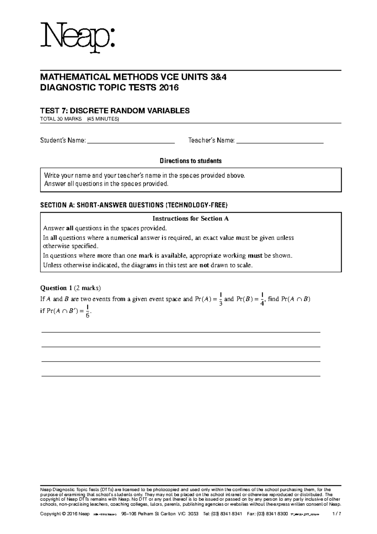 Maths Methods Units 3&4 DTT 7 - MATHEMATICAL METHODS VCE UNITS 3 ...