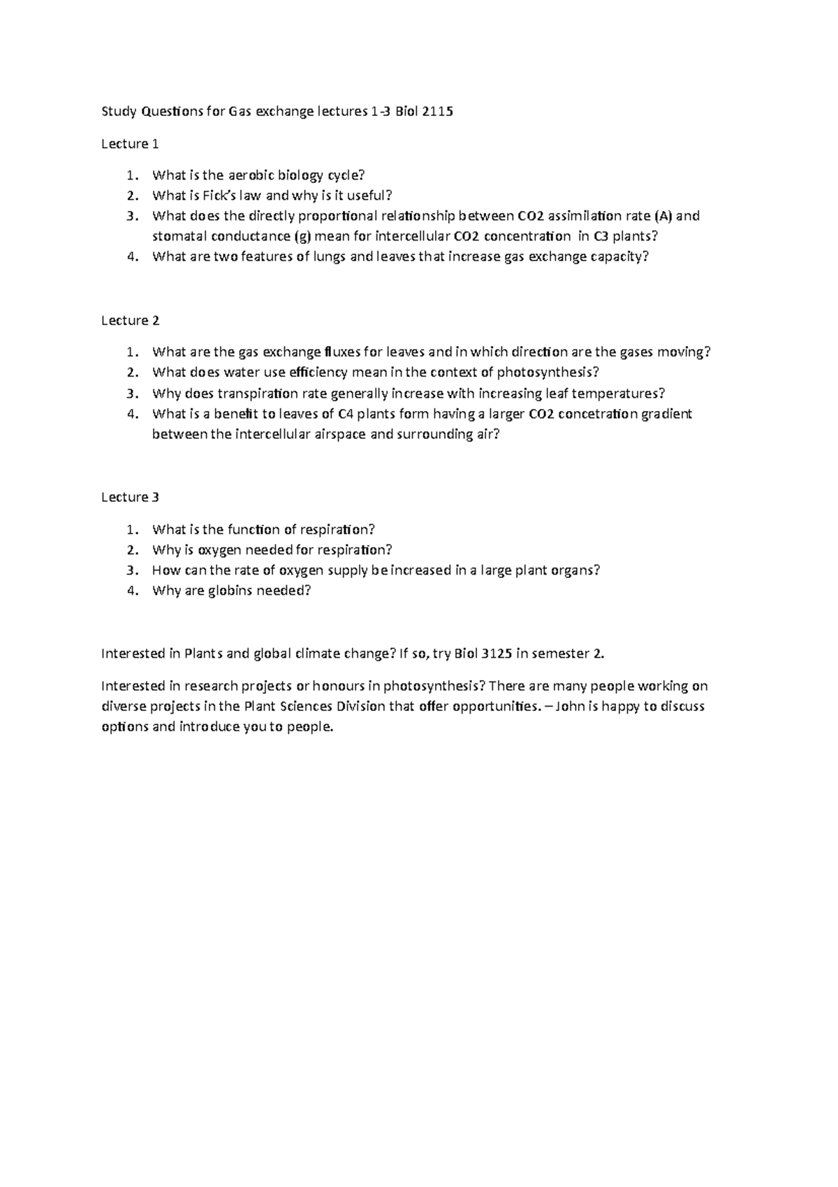 Gas exchange study Qs - Practise Exam Questions - Study Questions for ...