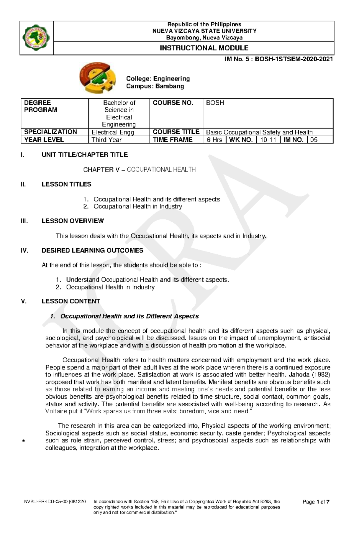 Occupational Health - NUEVA VIZCAYA STATE UNIVERSITY Bayombong, Nueva ...
