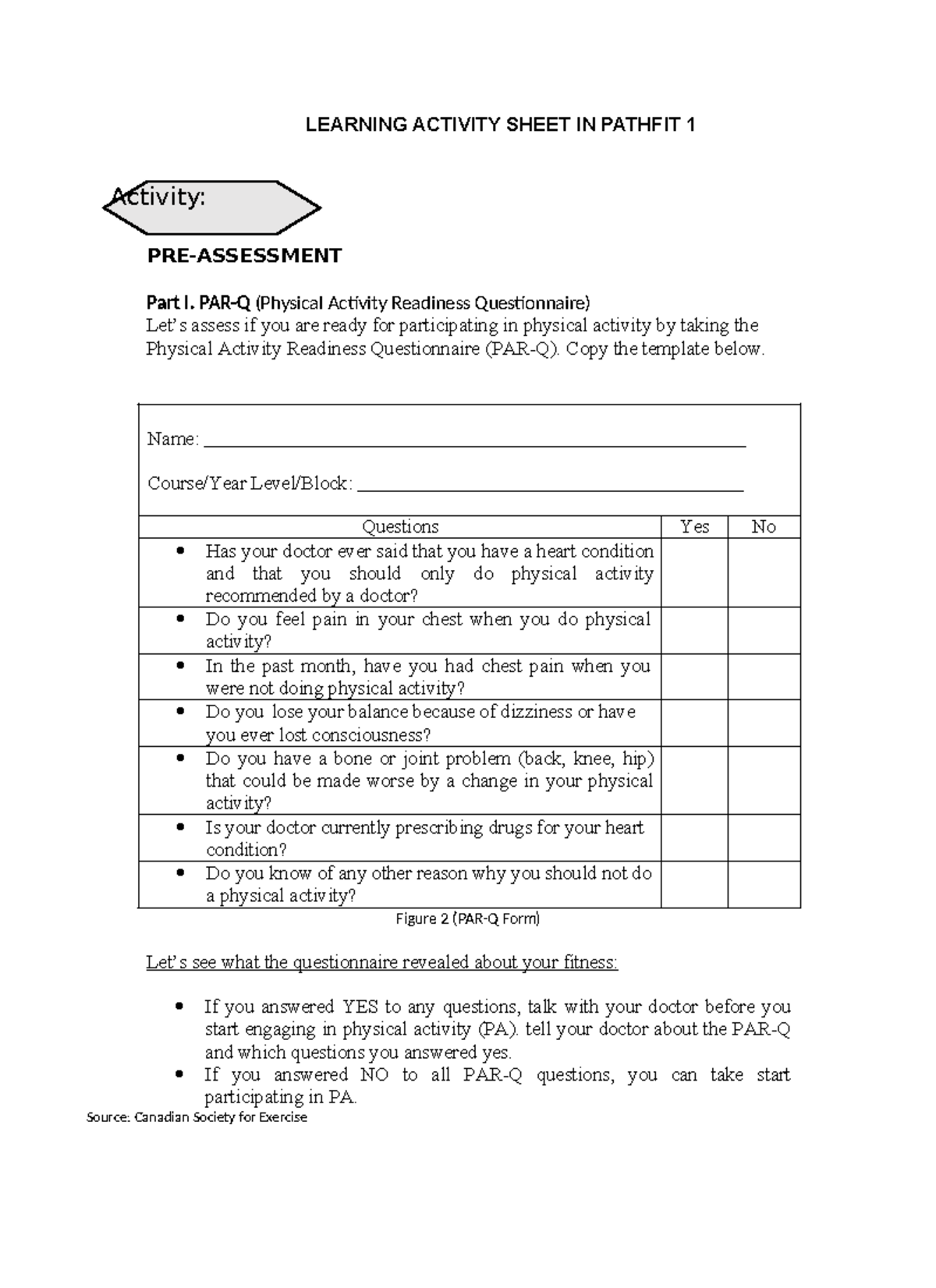 Learning Activity Sheet IN Pathfit 1 - LEARNING ACTIVITY SHEET IN PATHFIT 1 PRE-ASSESSMENT Part ...
