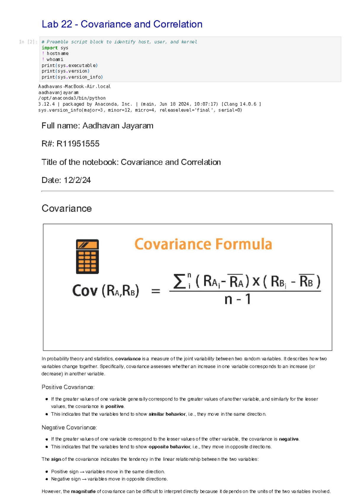 Lab027. ddddjdj - Lab 22 - Covariance and Correlation # Preamble script block to identify host ...