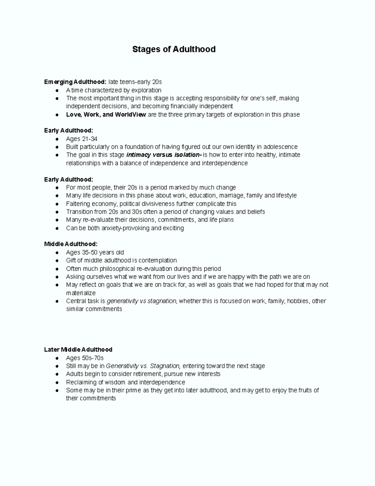 Stages of Adulthood - Stages of Adulthood Emerging Adulthood: late ...